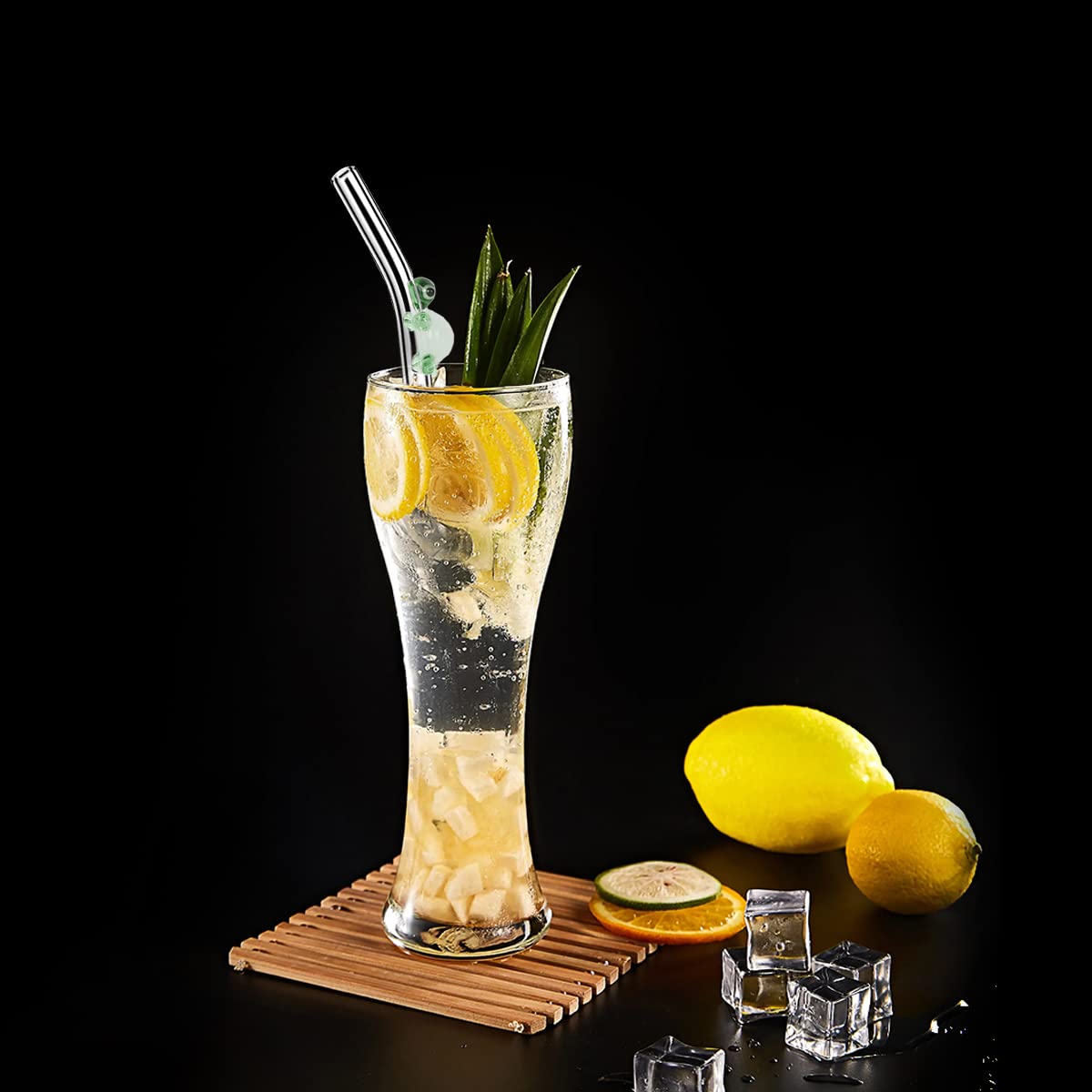 Wirhlly 6PCS Reusable Glass Straw Design Glass Straw,Colorful Straws Cocktails Bar Accessories Cleaning Brush Bent Drinking Straws for Hot and Cold Drinks (Tortoise)