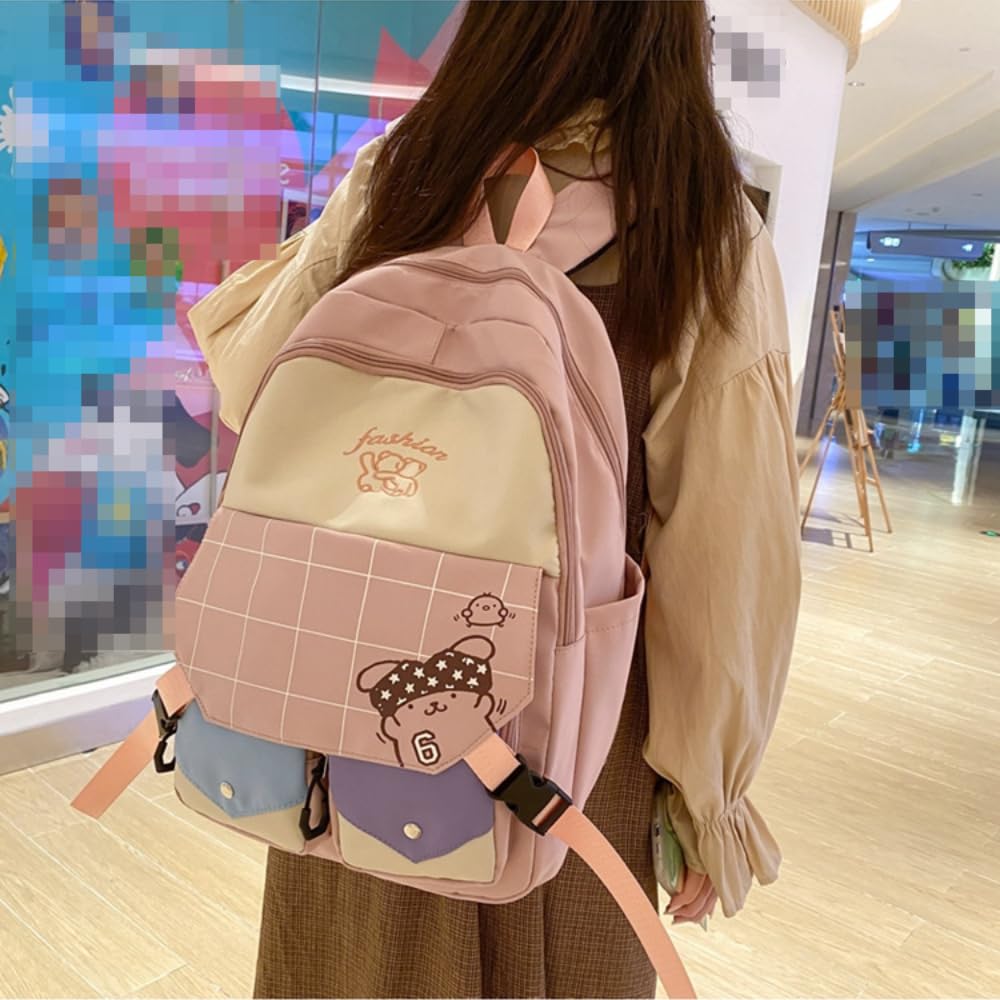 Zesenko Aesthetic Kawaii Back to School Bookbag Large Capacity Backpack for Teen Girls with Cute Pendant Daypack (pink)