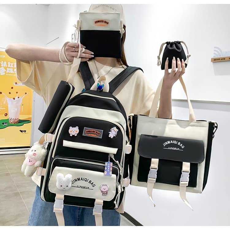 Donloise 5Pcs Kawaii Backpack with Aesthetic Pin Accessories Cute Laptop Ita Bag for Back to School Stationary Supplies (Black)