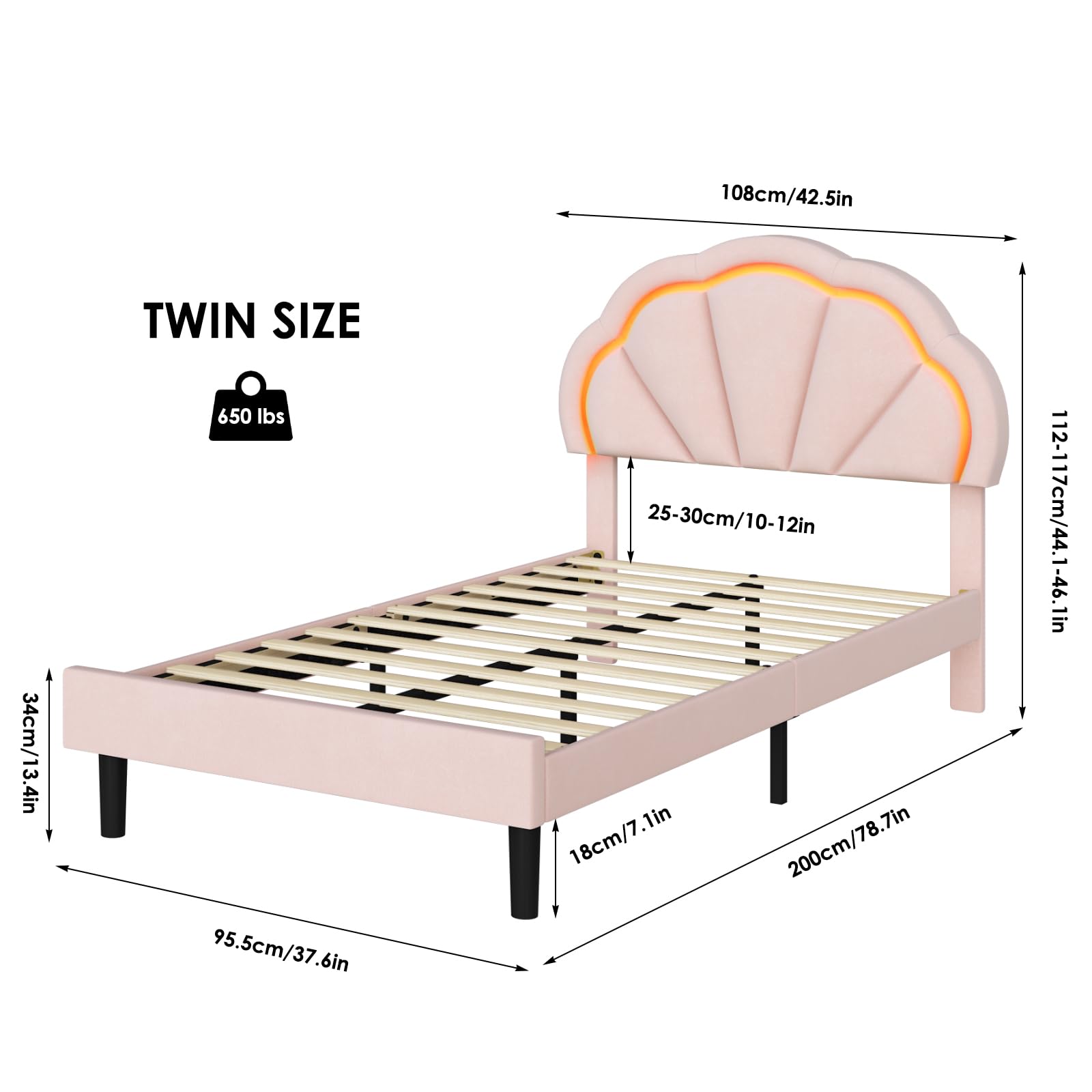 HIFIT Twin Upholstered Smart LED Bed Frame with Adjustable Chic Petal Headboard, Princess Twin Size Platform Bed Frames for Kids/Girls, Wooden Slats Support, No Box Spring Needed, Easy Assembly, Pink