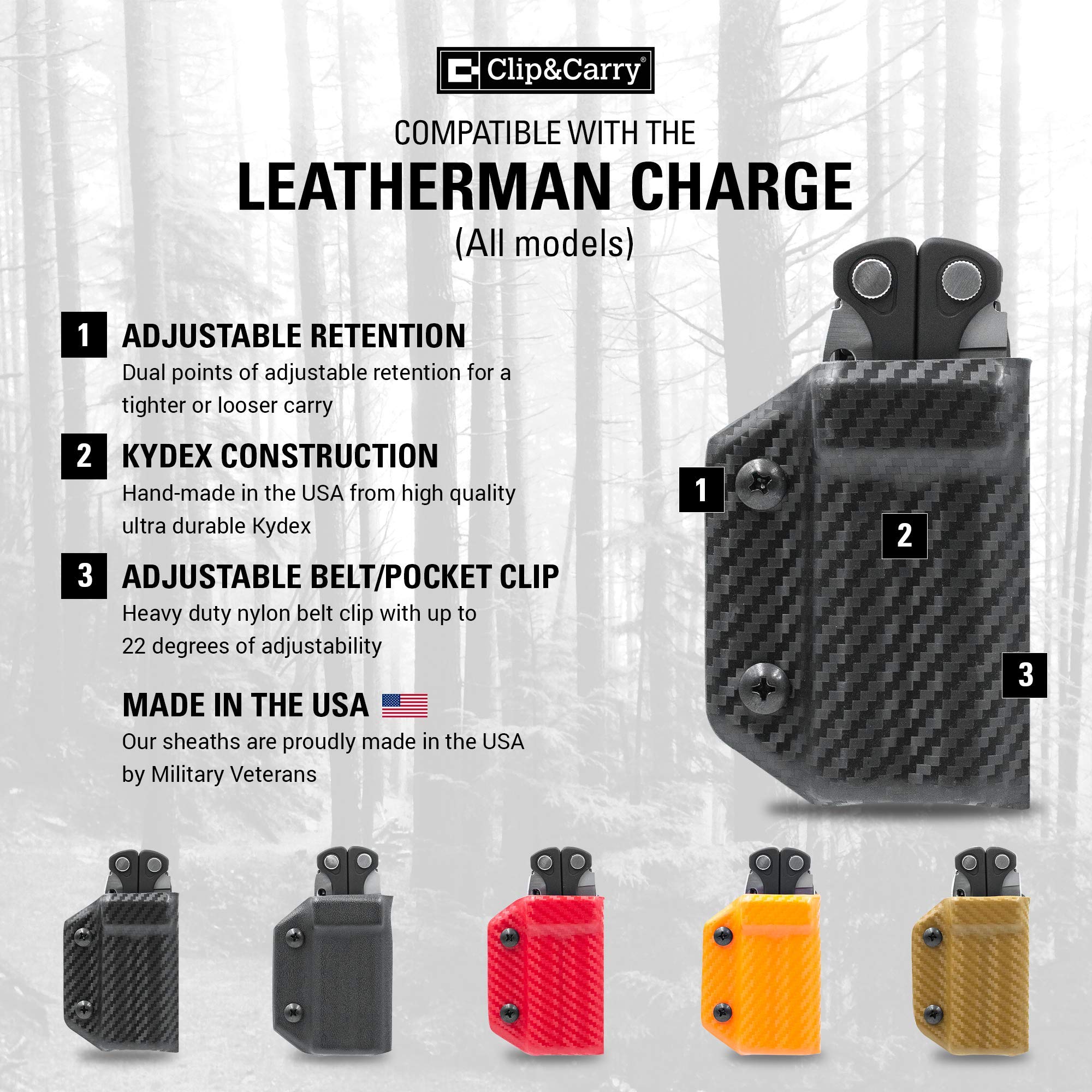 Clip & Carry Kydex Multitool Sheath for the Leatherman CHARGE - Made in USA - EDC Multi Tool Sheath Holder Holster Cover - Carbon Fiber Black