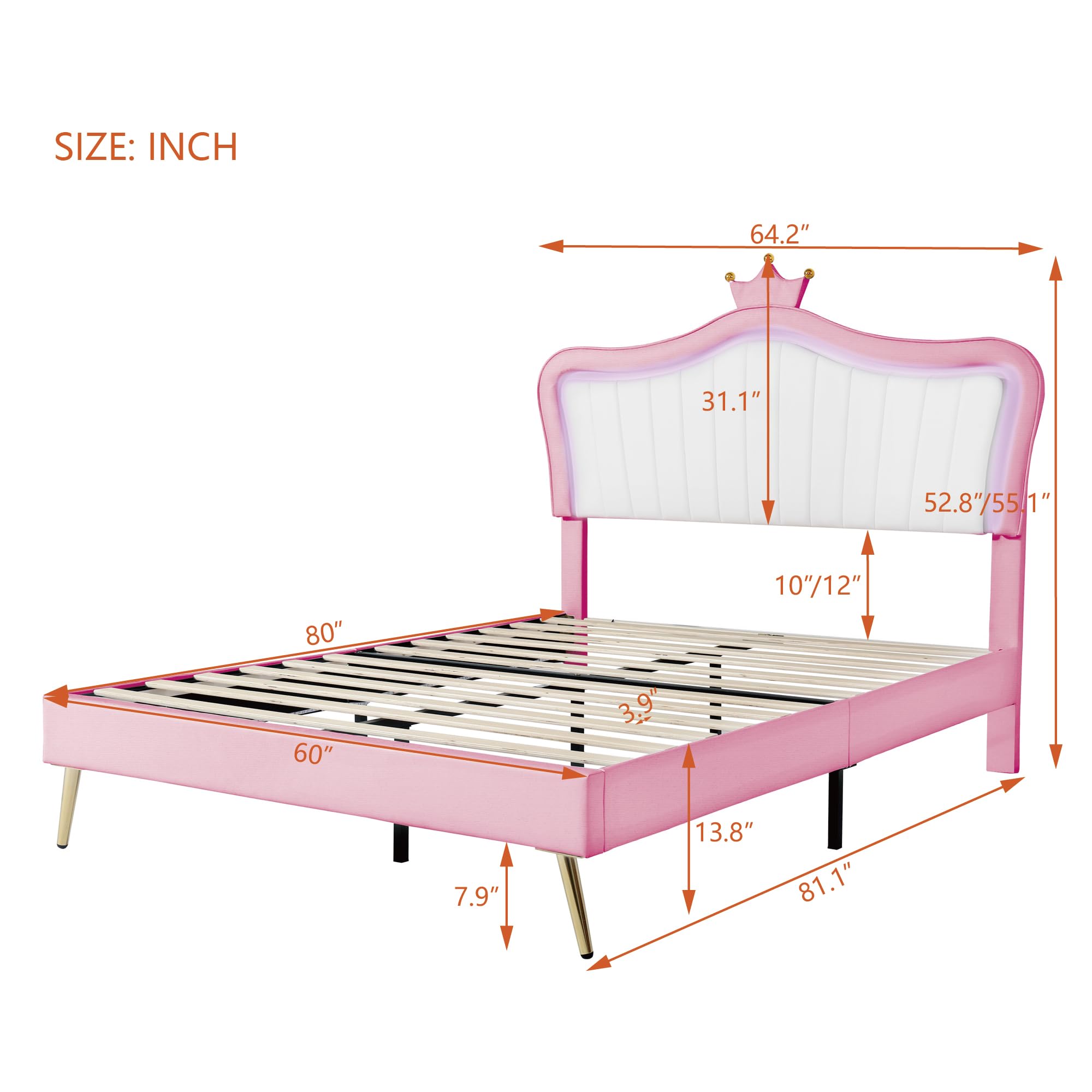 CKLMMC Cute Queen Size Upholstered Princess Bed with Crown Headboard, Modern Upholstered Bed Frame with LED Lights, No Box Spring Required (White+Pink/Princess1)