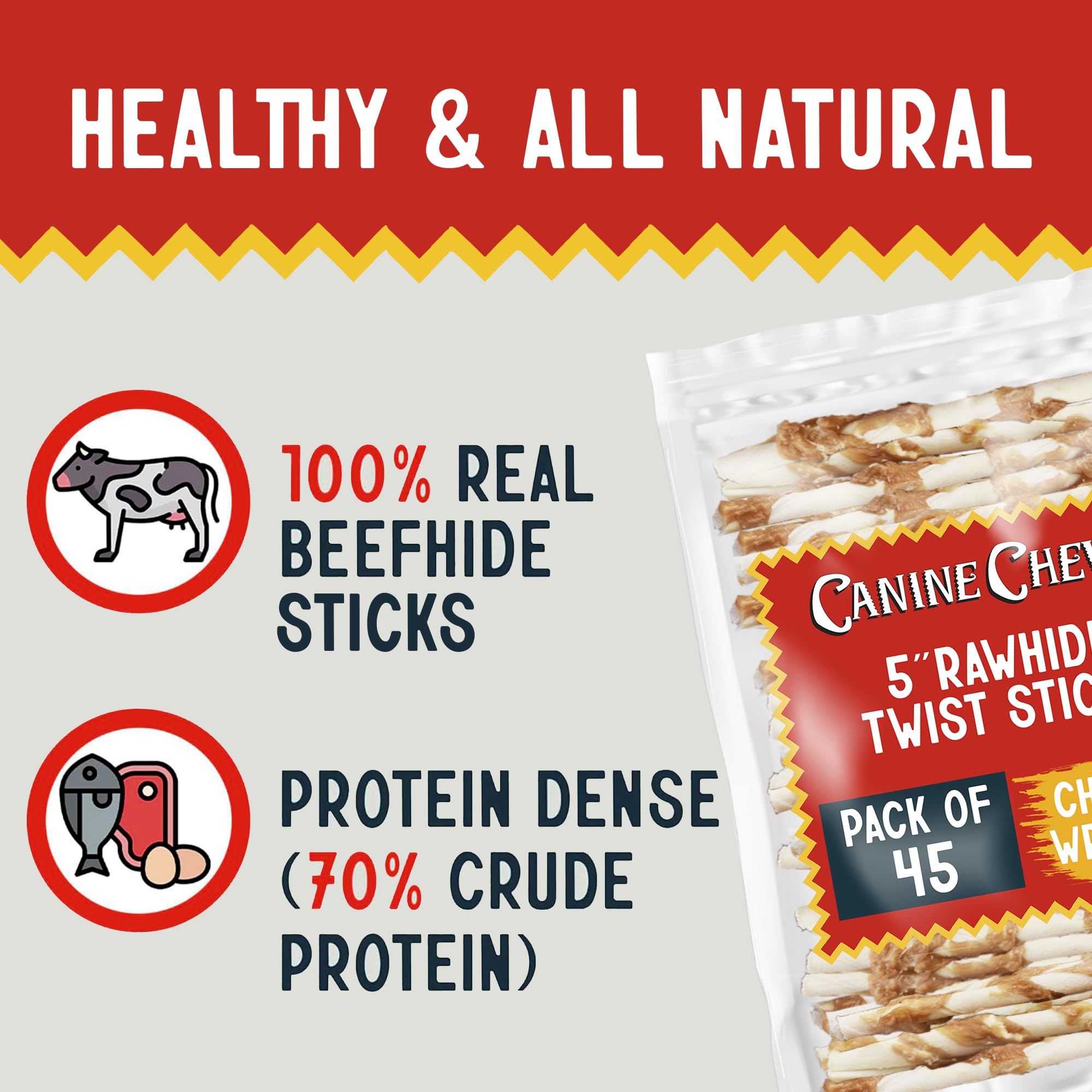 Canine Chews Chicken-Wrapped Rawhide Twists for Dogs - Pack of 45 U.S.A. Sourced Chicken Wrapped Rawhide Dog Treats, Sticks for Dogs - Premium & Natural Beefhide Chews