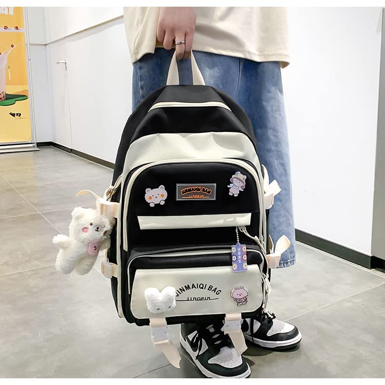 Donloise 5Pcs Kawaii Backpack with Aesthetic Pin Accessories Cute Laptop Ita Bag for Back to School Stationary Supplies (Black)