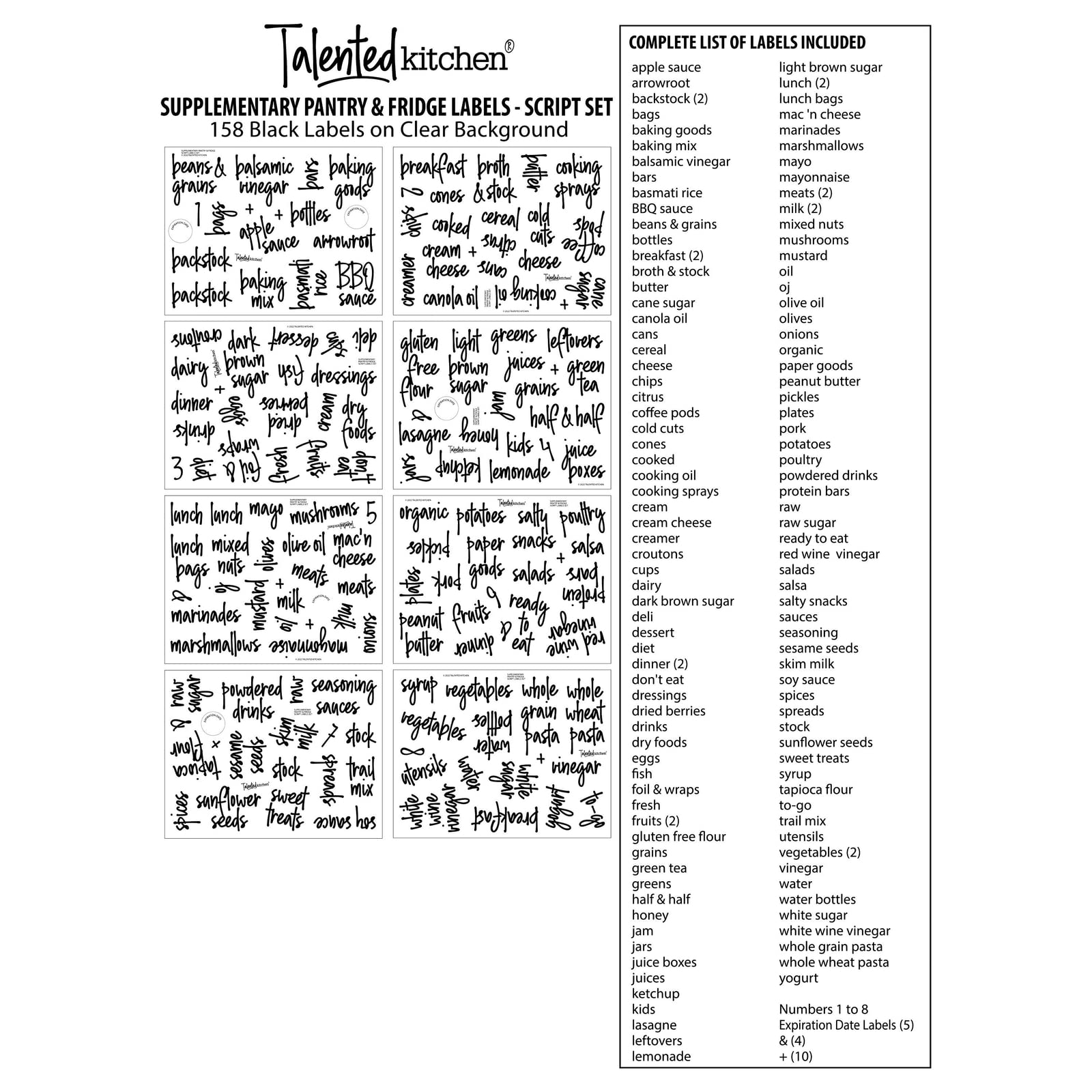 Talented Kitchen 158 Pieces Food Storage Labels for Glass Kitchen Containers, Preprinted Black Script on Clear Stickers for Fridge, Freezer, Pantry Organization (Water Resistant)