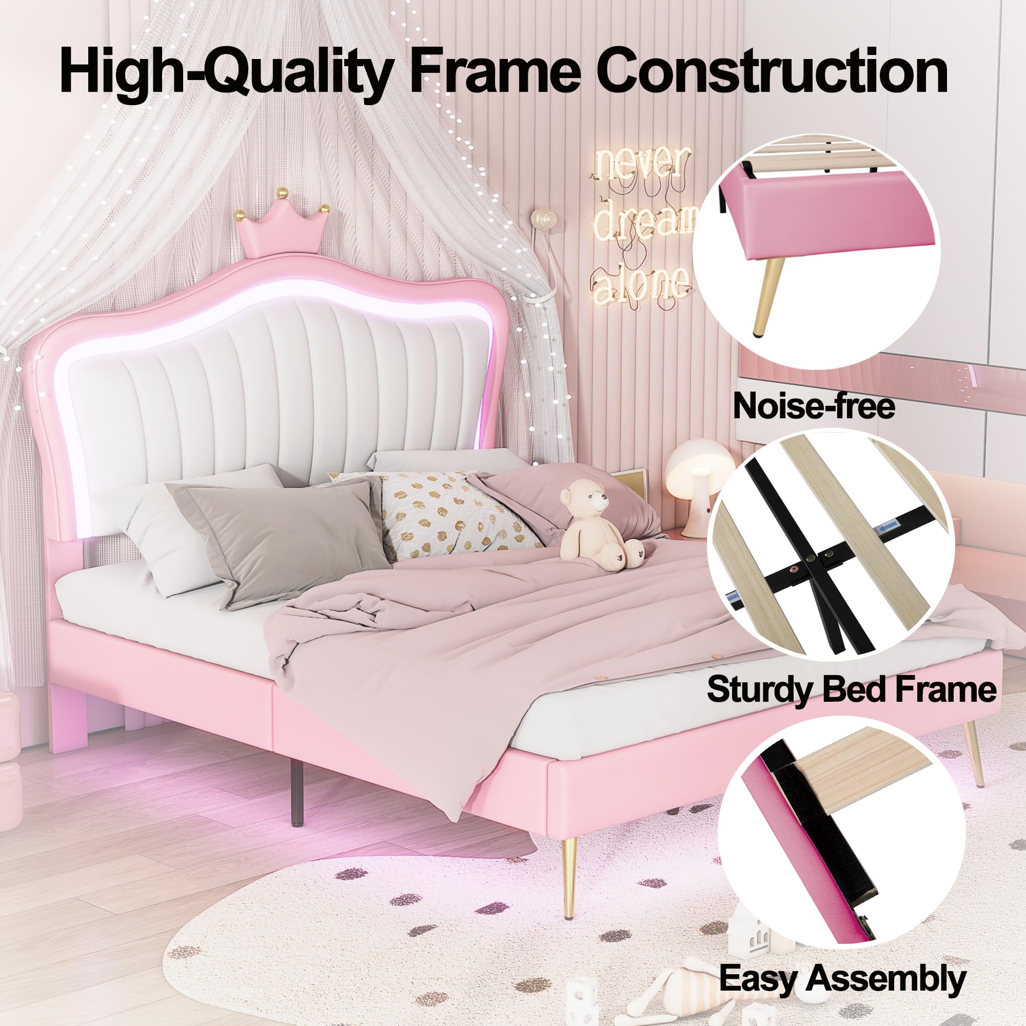 CKLMMC Cute Queen Size Upholstered Princess Bed with Crown Headboard, Modern Upholstered Bed Frame with LED Lights, No Box Spring Required (White+Pink/Princess1)