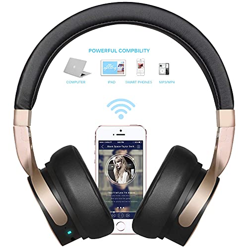 Riwbox BN5 Bluetooth Headphones Over Ear, Folding Stereo Headphones Wired Wireless with Mic Compatible for iPhone/iPad/TV/PC/Online Class/Home Office (Black&Gold)