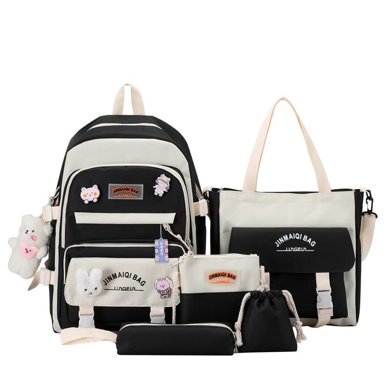 Donloise 5Pcs Kawaii Backpack with Aesthetic Pin Accessories Cute Laptop Ita Bag for Back to School Stationary Supplies (Black)