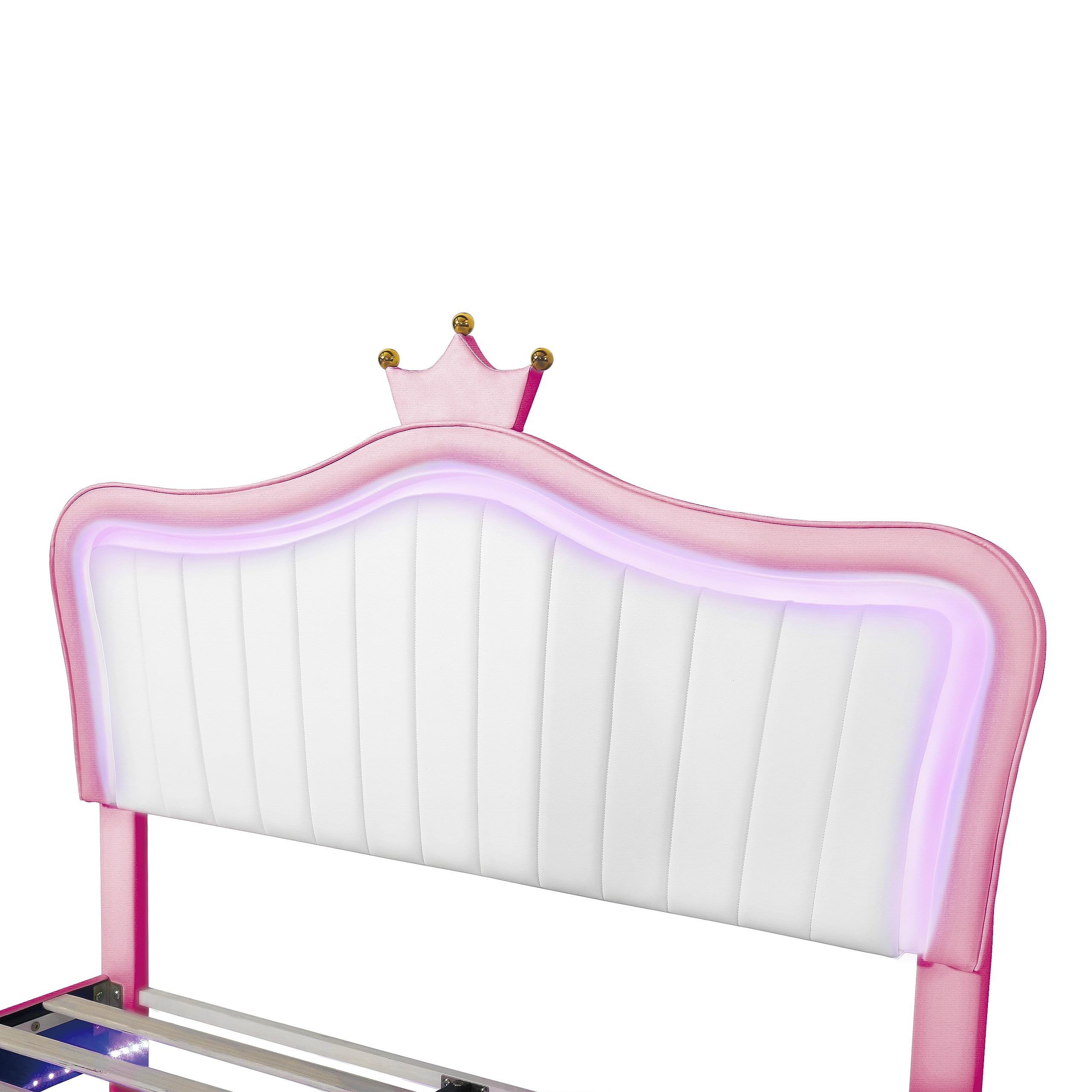 CKLMMC Cute Queen Size Upholstered Princess Bed with Crown Headboard, Modern Upholstered Bed Frame with LED Lights, No Box Spring Required (White+Pink/Princess1)