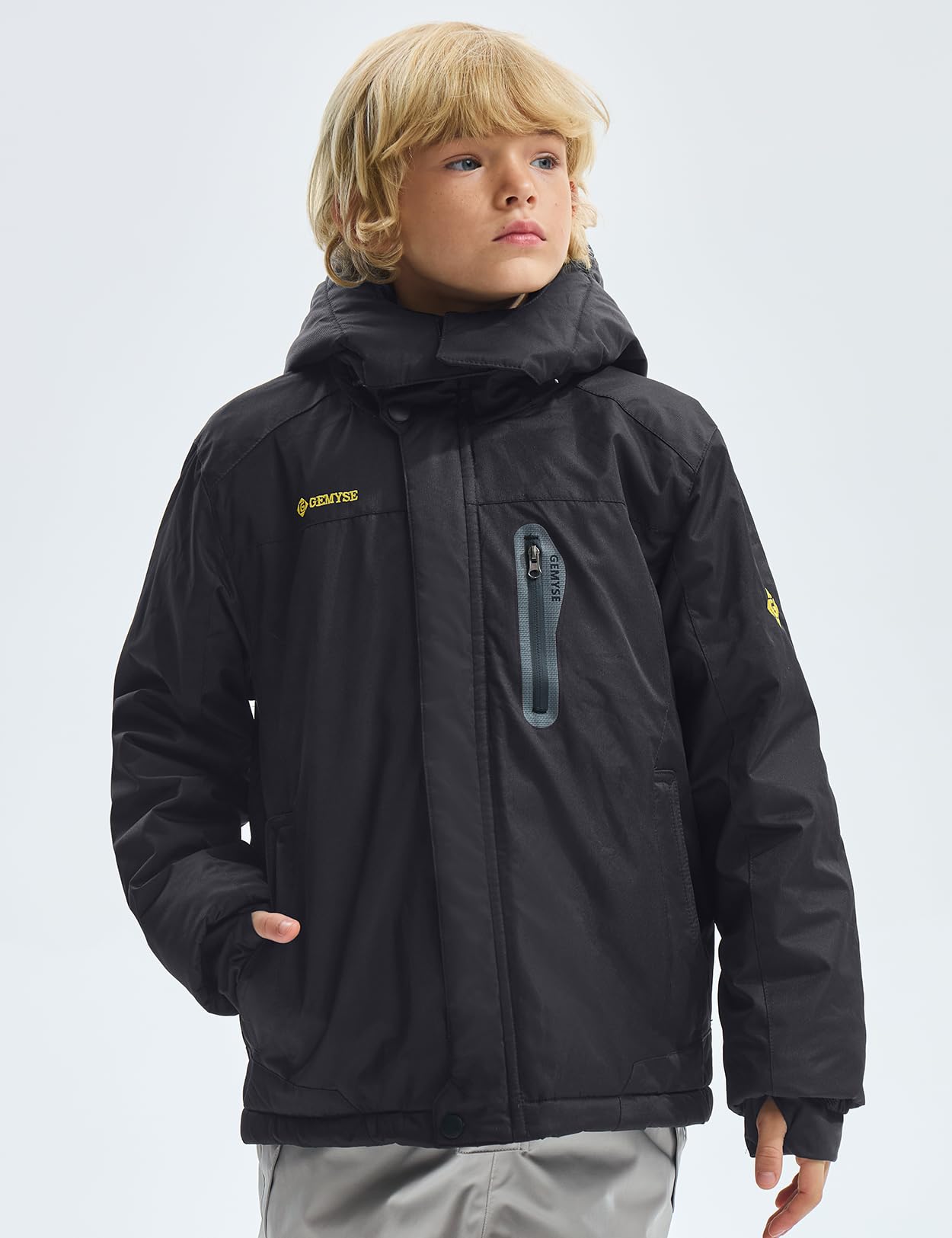 GEMYSE Boy's Waterproof Ski Snow Jacket Hooded Fleece Lined Windproof Winter Jacket (Black,10/12)