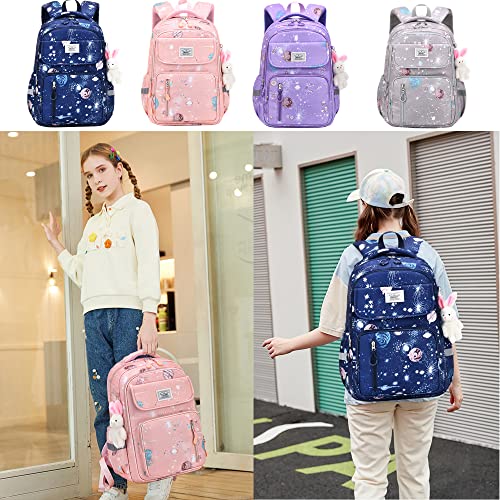 Cute Girls Backpack, Bunny School Backpack for Teen Girls, Elementary Middle Bookbag Galaxy Outdoor Aesthetic Schoolbag, Grey