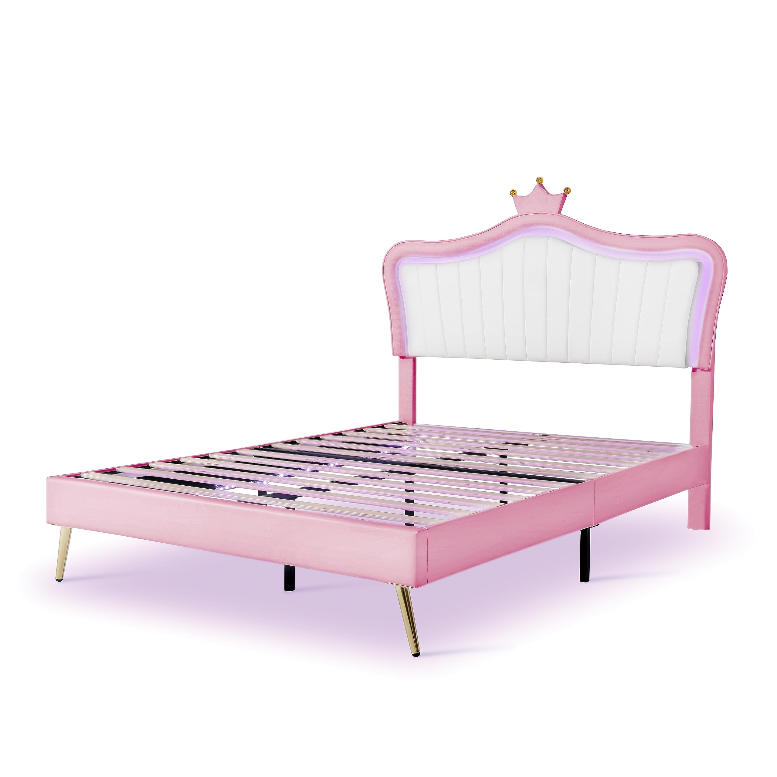 CKLMMC Cute Queen Size Upholstered Princess Bed with Crown Headboard, Modern Upholstered Bed Frame with LED Lights, No Box Spring Required (White+Pink/Princess1)