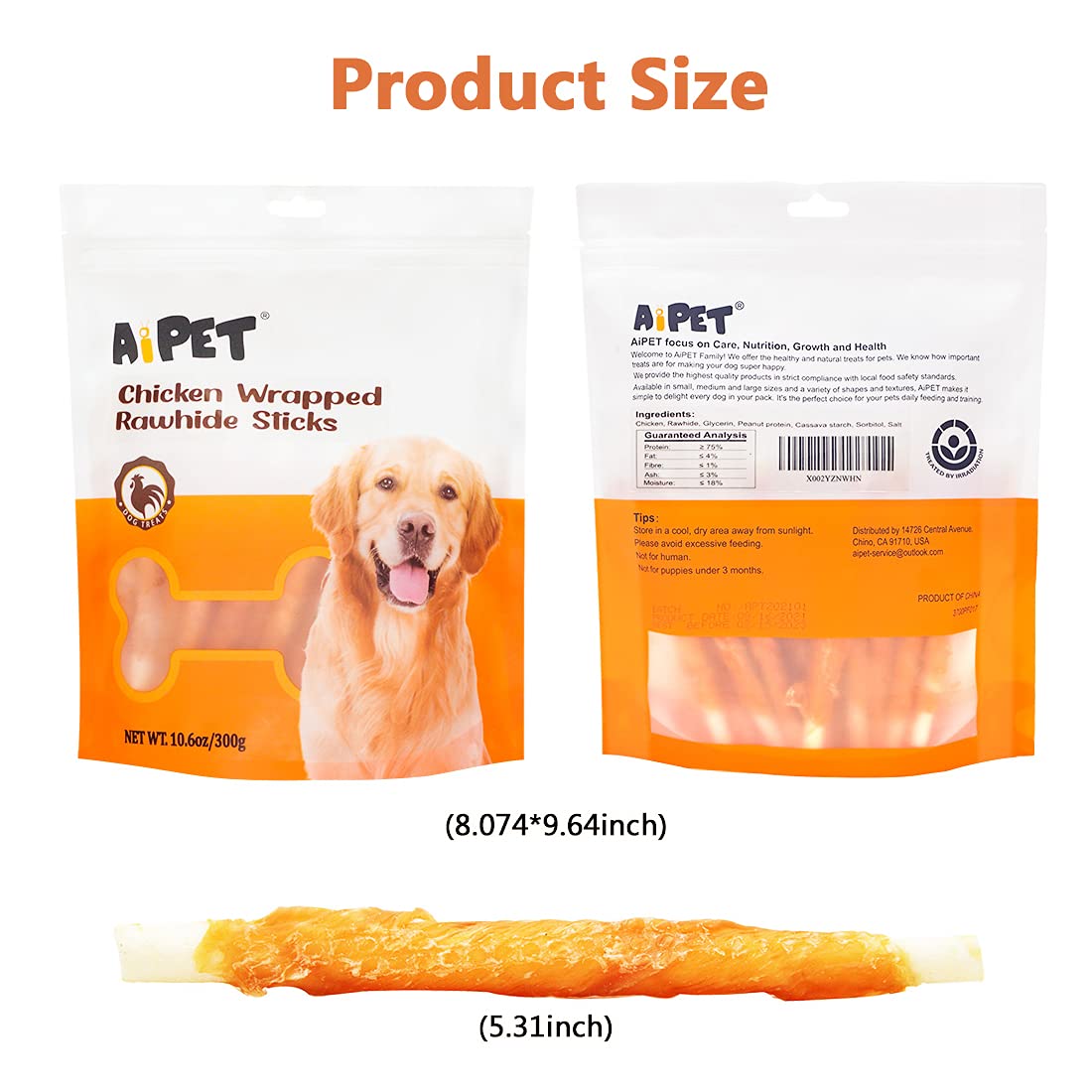 AIPET Dog Treats, Chicken Wrapped Rawhide Sticks for Dogs Treats Puppy Training Chews Snacks Sticks, 11Oz
