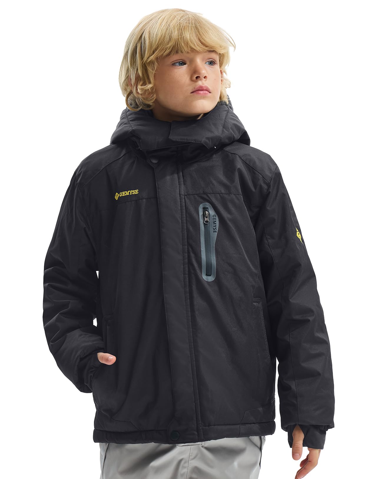 GEMYSE Boy's Waterproof Ski Snow Jacket Hooded Fleece Lined Windproof Winter Jacket (Black,10/12)