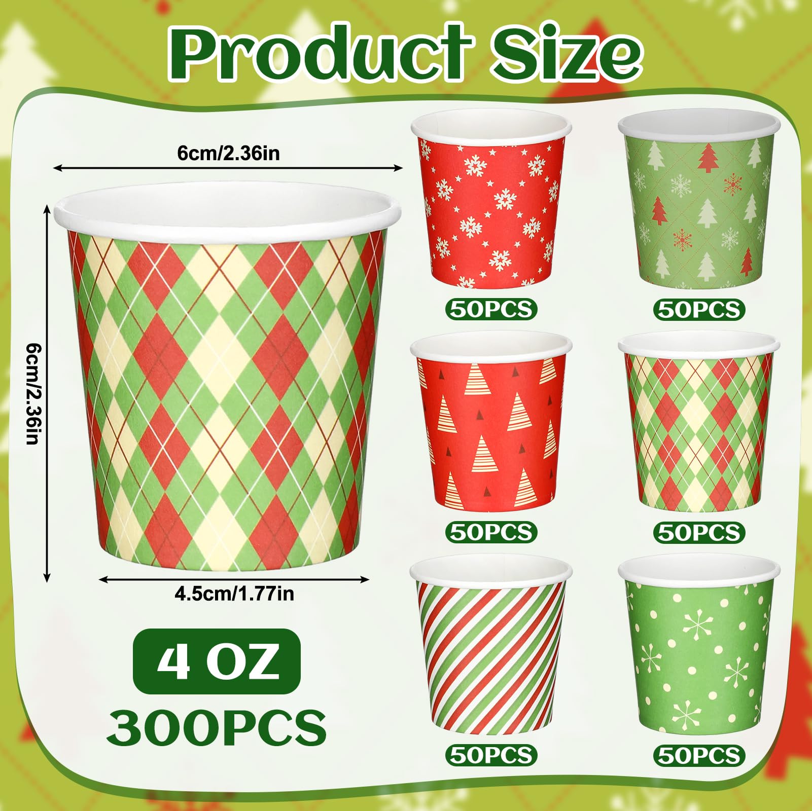 Maxcheck 300 Pcs Christmas Paper Cups 4 oz Disposable Holiday Supplies 6 Styles Paper Coffee Espresso Cups Xmas Green Red Drink Drinkware for Chocolate Tea Cocoa Beverage Party Office