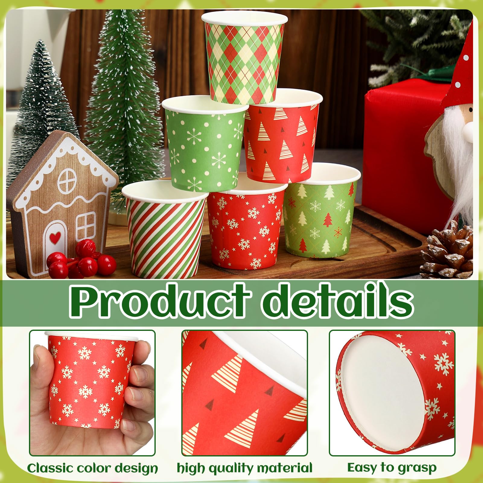 Maxcheck 300 Pcs Christmas Paper Cups 4 oz Disposable Holiday Supplies 6 Styles Paper Coffee Espresso Cups Xmas Green Red Drink Drinkware for Chocolate Tea Cocoa Beverage Party Office