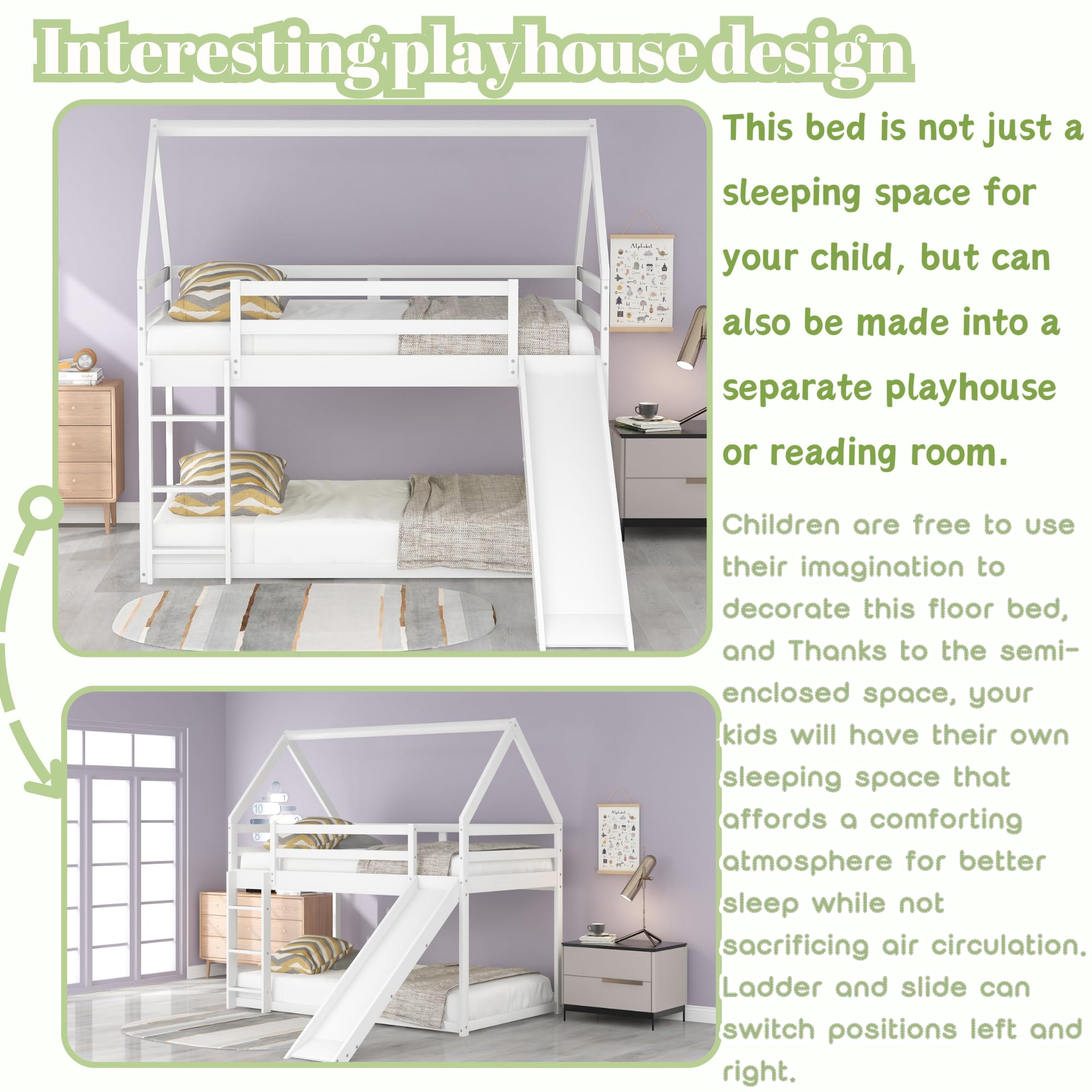 Harper & Bright Designs Twin Bunk Beds for Kids,Wood House Bunk Bed Twin Over Twin,Kids Bunk Bed with Slide and Roof for Girls Boys,Grey