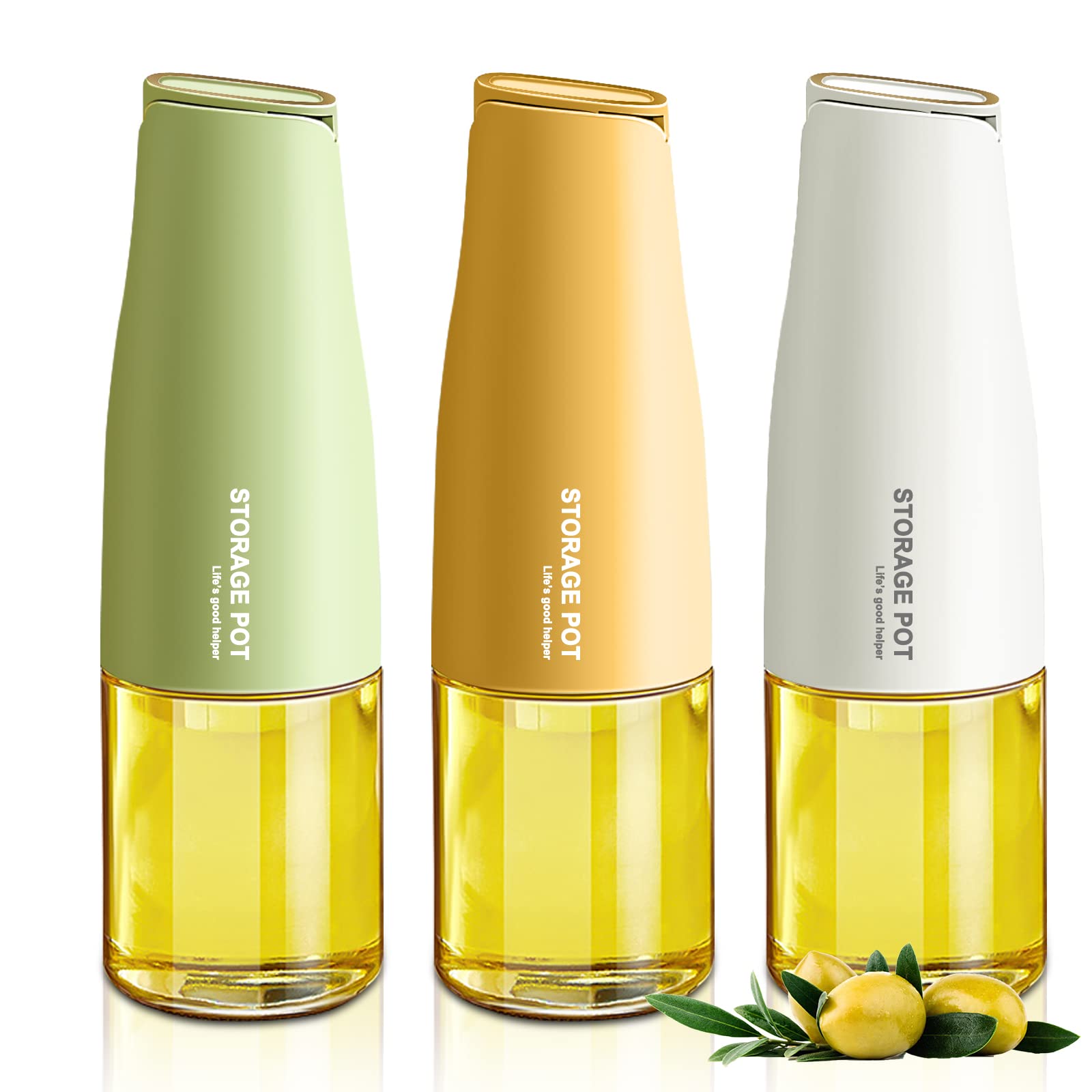 RASIEYA 3 Pack Glass Olive Oil Dispenser Bottle for Kitchen, Auto Flip 17 OZ Oil and Vinegar Dispenser Set-Three Color