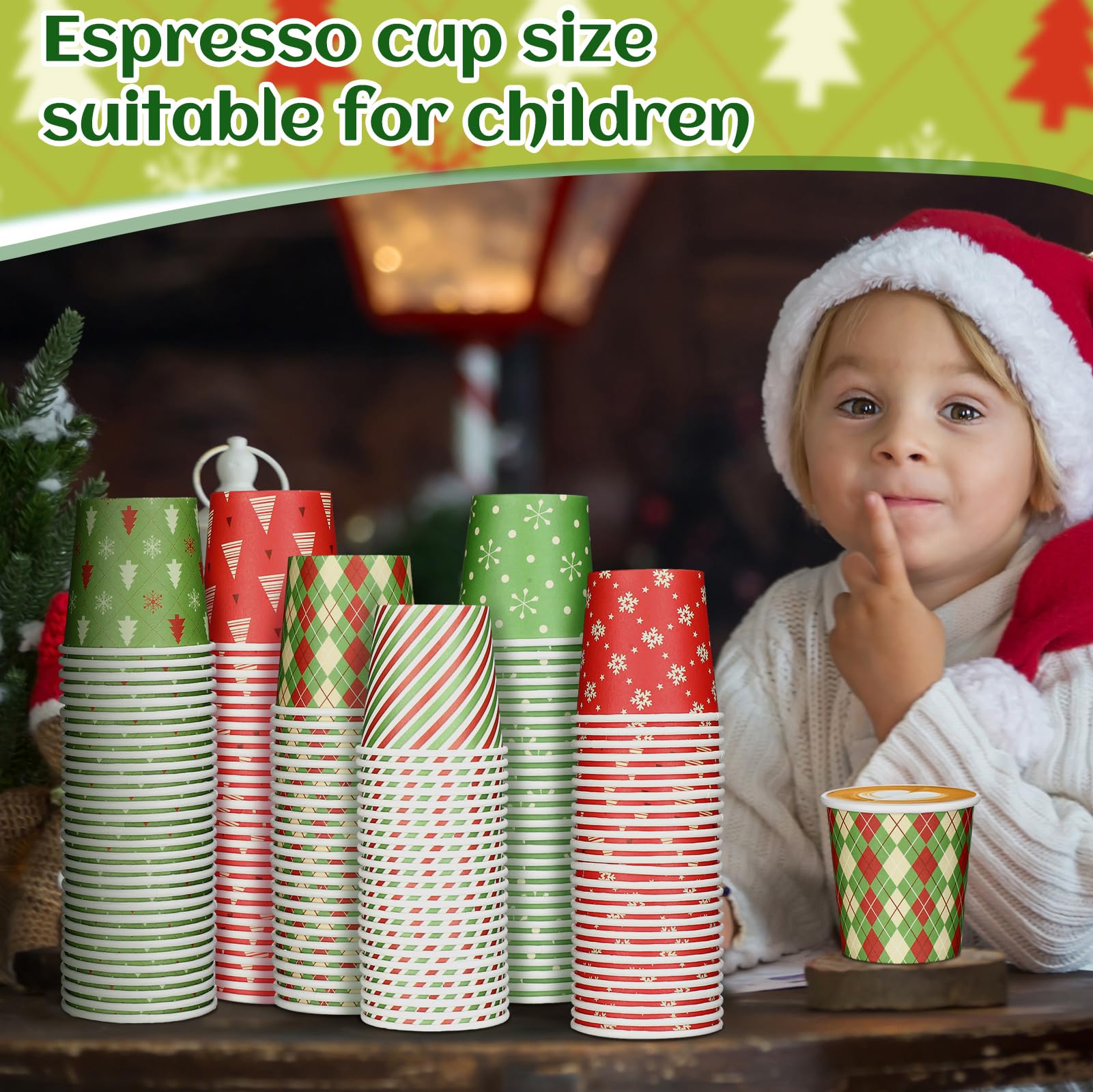 Maxcheck 300 Pcs Christmas Paper Cups 4 oz Disposable Holiday Supplies 6 Styles Paper Coffee Espresso Cups Xmas Green Red Drink Drinkware for Chocolate Tea Cocoa Beverage Party Office