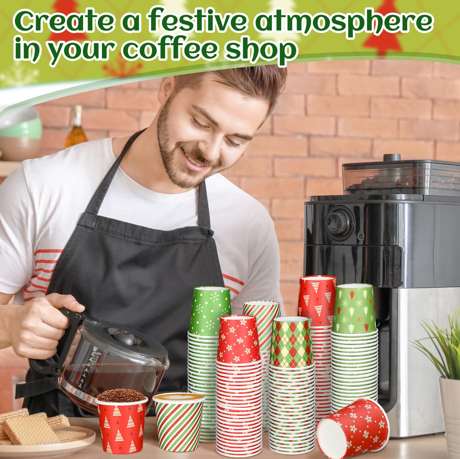 Maxcheck 300 Pcs Christmas Paper Cups 4 oz Disposable Holiday Supplies 6 Styles Paper Coffee Espresso Cups Xmas Green Red Drink Drinkware for Chocolate Tea Cocoa Beverage Party Office