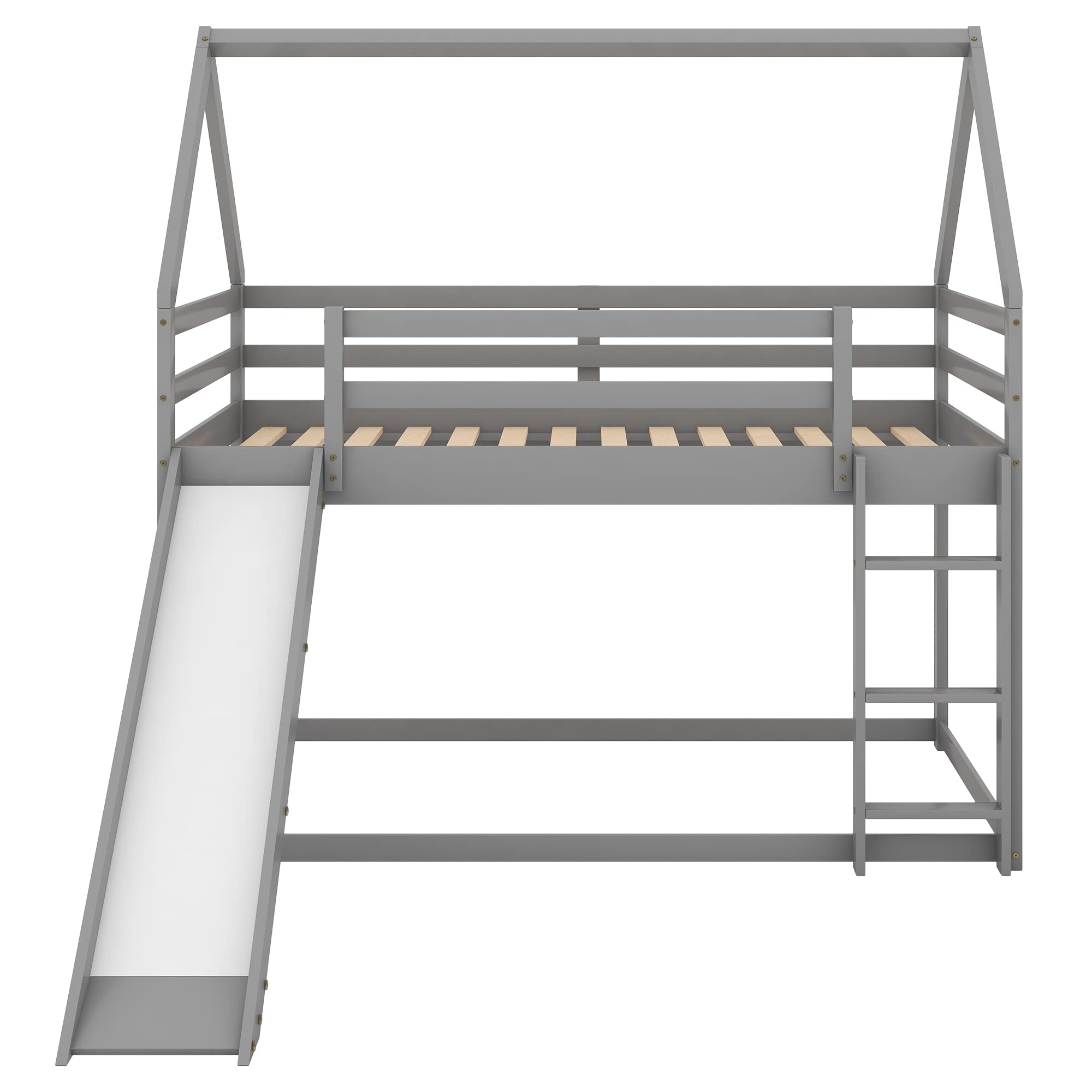Harper & Bright Designs Twin Bunk Beds for Kids,Wood House Bunk Bed Twin Over Twin,Kids Bunk Bed with Slide and Roof for Girls Boys,Grey