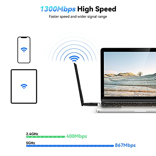 USB WiFi Adapter for PC, Techkey AC1300Mbps Dual Band Wireless Network Adapter, Network WiFi USB 3.0 for Desktop Laptop with 2.4GHz/ 5GHz High Gain 5dBi Antenna, Support Win10/8.1/8/7/XP…