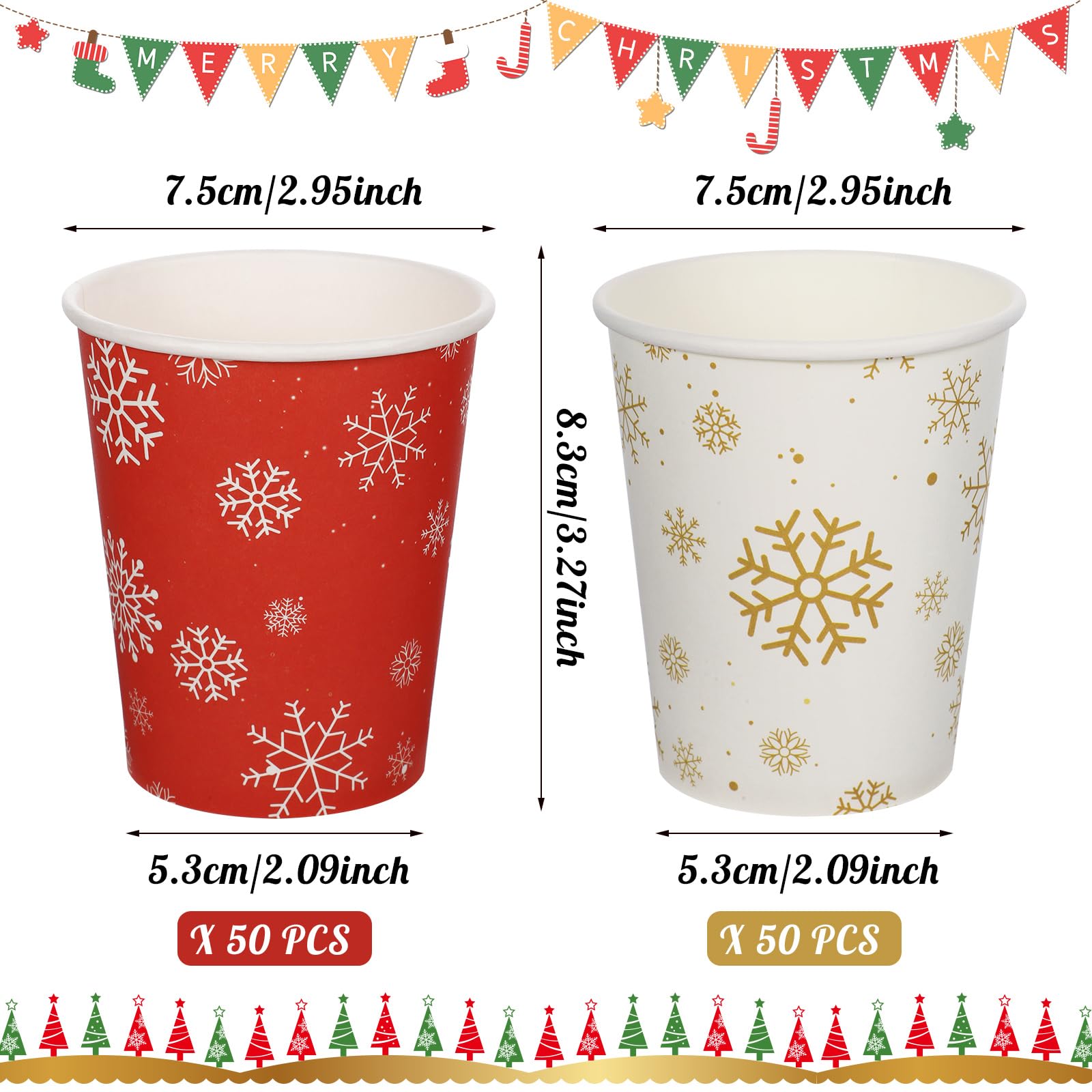 SUMAJU 100 Pcs Christmas Snowflake Paper Cups, 9 OZ Disposable Christmas Paper Cups Winter Coffee Cups Red White Snowflake Christmas Cups Drinking Tea Xmas Paper Cups for Daily Use Holiday Party
