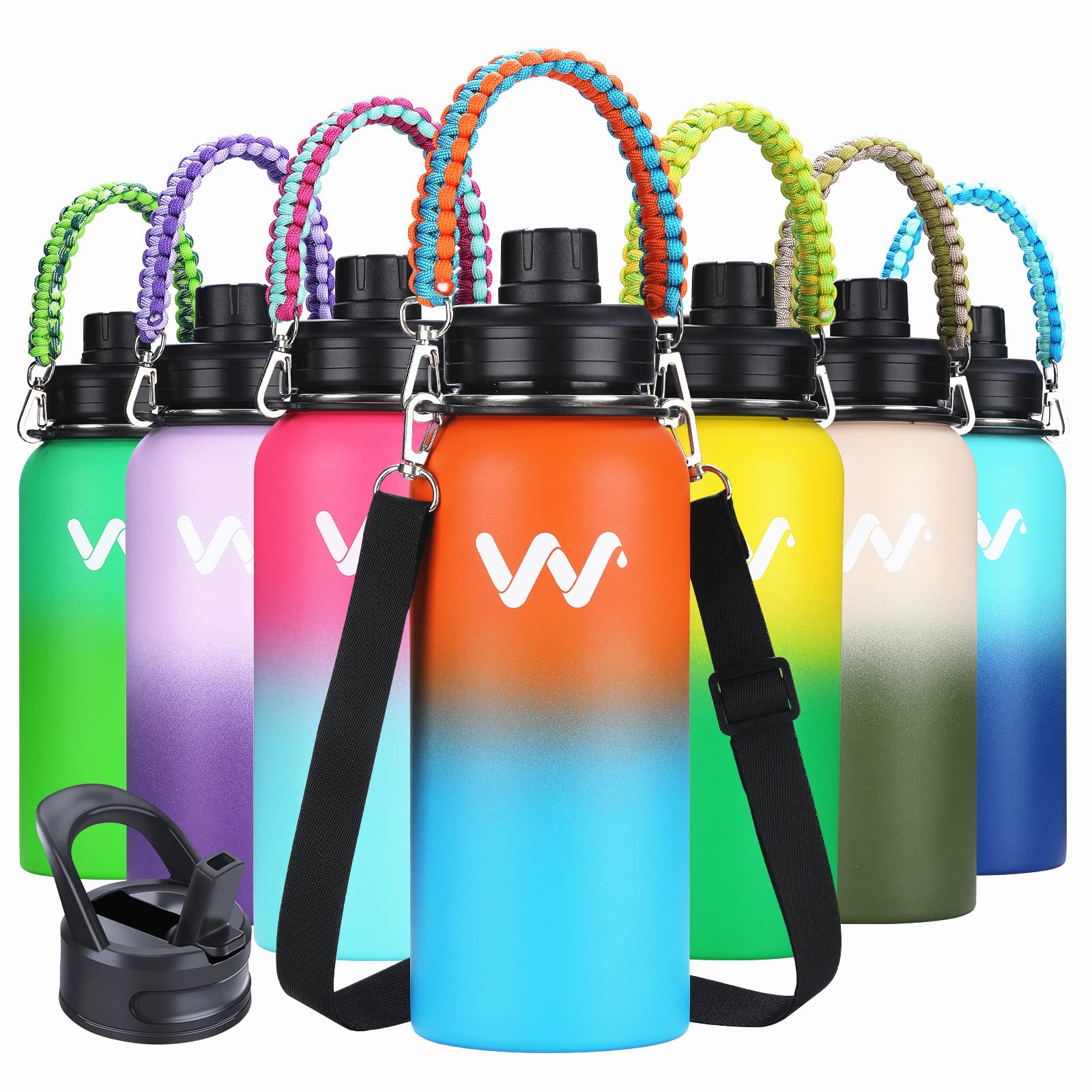 WEREWOLVES 24 oz Insulated Water Bottle With Paracord Handles & Strap & Straw Lid & Spout Lid,Reusable Wide Mouth Vacuum Stainless Steel Water Bottle for Adults (New-Summer Orange, 24 oz)