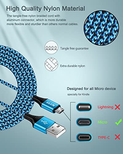 4-in-1 Android Chargers, USB Wall Charger + Micro USB Cable Multipack Fast for Samsung Galaxy S7 S6 J8 J7 J3, Kindle Fire Old Version Paperwhite Kids e-Reader Stick, Long USB A to Micro B Cords 6 Ft