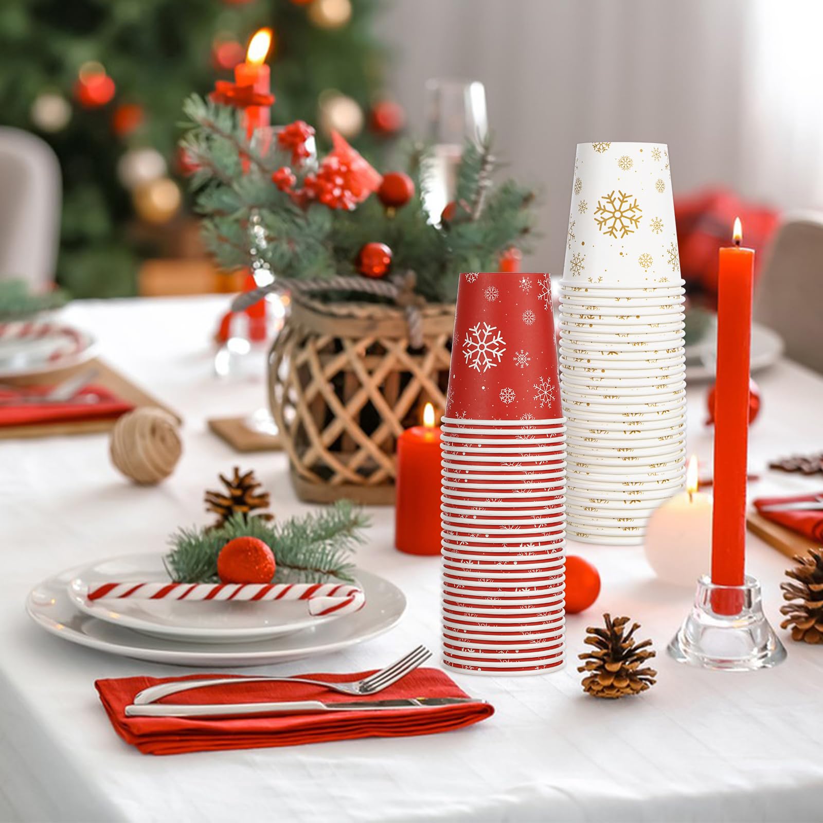 SUMAJU 100 Pcs Christmas Snowflake Paper Cups, 9 OZ Disposable Christmas Paper Cups Winter Coffee Cups Red White Snowflake Christmas Cups Drinking Tea Xmas Paper Cups for Daily Use Holiday Party