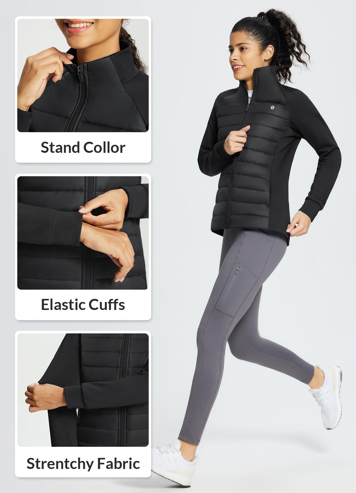 BALEAF Women's Running Winter Jacket Water Resistant Windproof Lightweight Puffer Coat Fall Cold Weather Hiking Golf Casual with Zip Pockets Black M