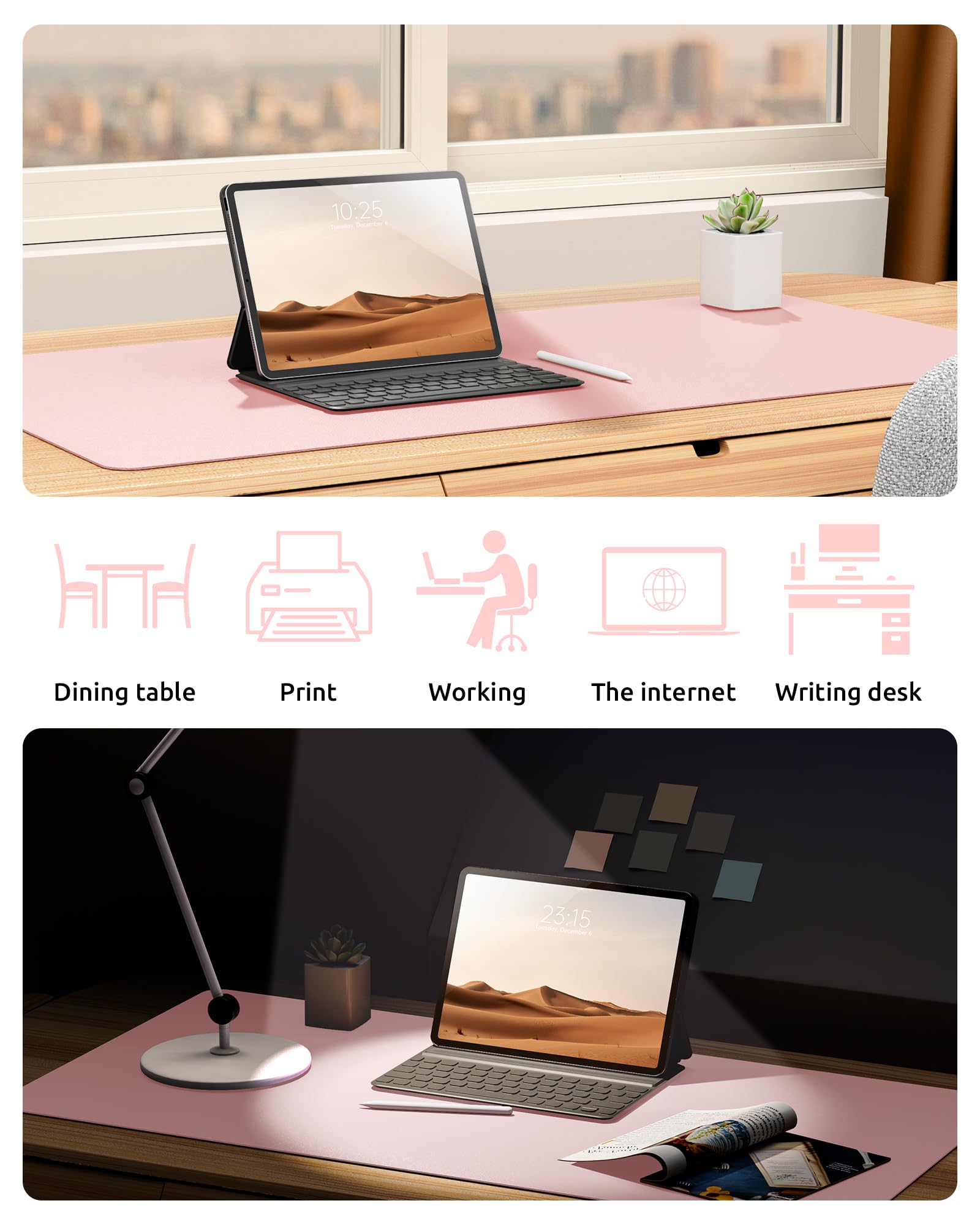 YSAGi Leather Desk Protector, Office Mat, Large Mouse Mat, Non-Slip PU Leather Blotter, Laptop Pad, Waterproof Writing Pad for Office and Home (Light Pink, 23.6" x 13.8")