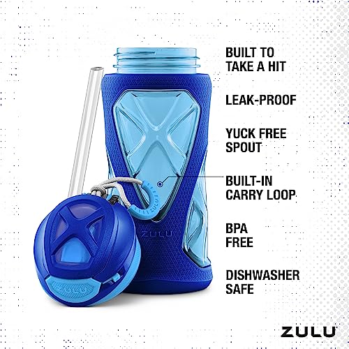 ZULU Torque 16oz Plastic Kids Water Bottle with Silicone Sleeve and Leak-Proof Locking Flip Lid, Soft Touch Carry Loop for School Backpack, Lunchbox, BPA-Free Dishwasher Safe, Mojo Blue