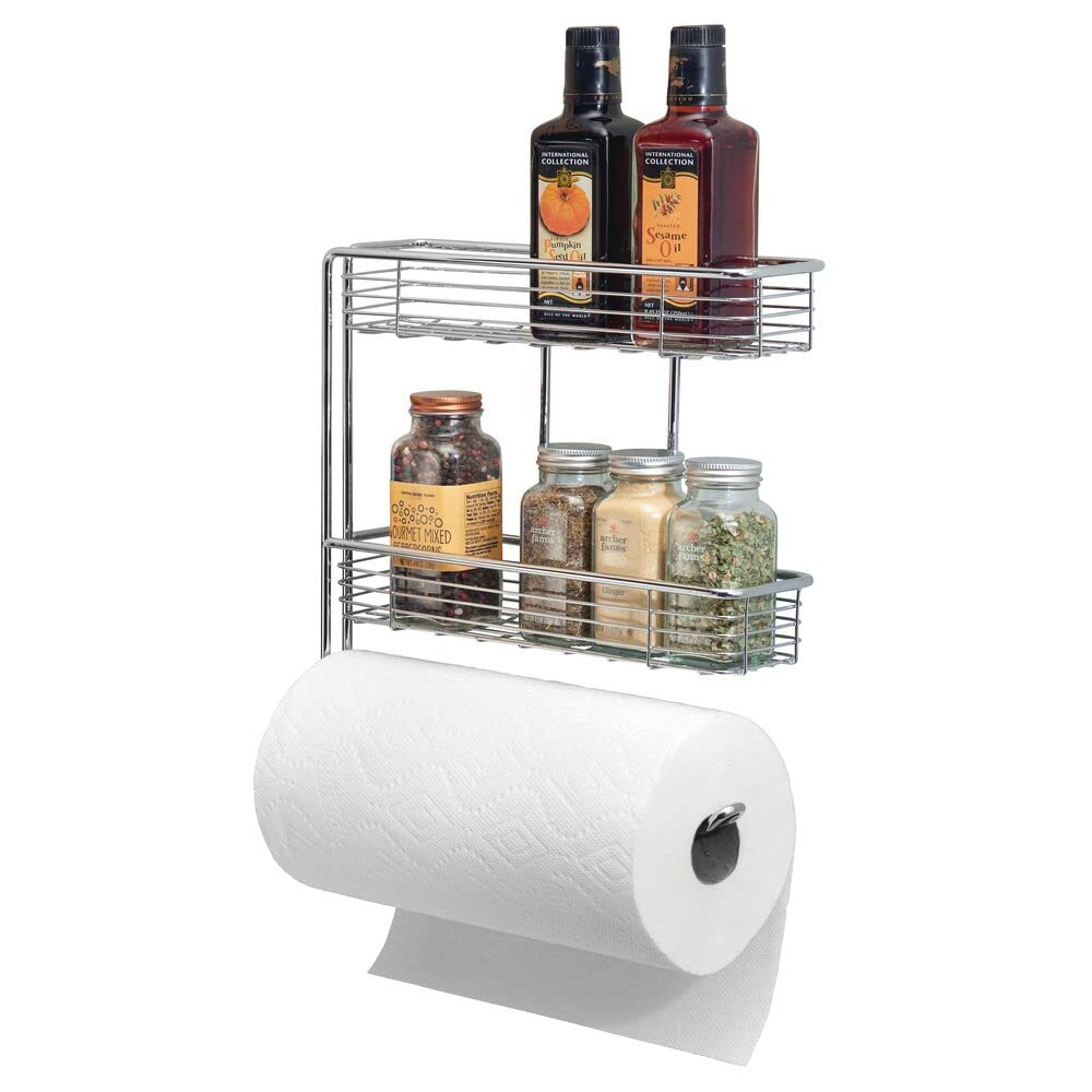 mDesign Wall Mount Metal Paper Towel Roll Holder and Dispenser with 2 Shelf Baskets - Kitchen Storage and Organization for Spice Bottles, Glass Jars, Salt, Pepper - Chrome