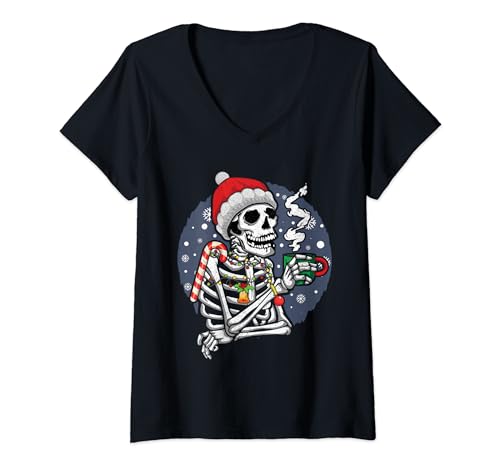 Cool Skeleton Drinking Chocolate Winter December Christmas V-Neck T-Shirt