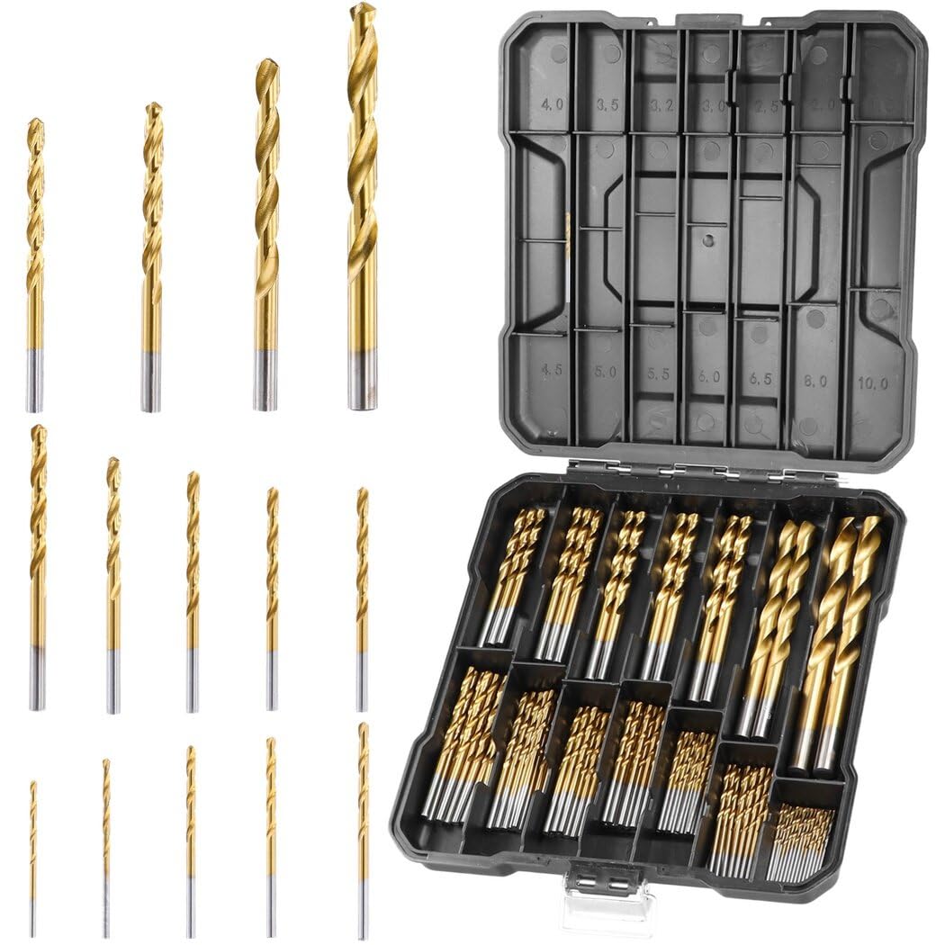 Twist Drill Bit Set, 99 Pcs Titanium-Coated Twist Drill Bits in 14 Sizes 0.06’’-0.39’’D, Heavy-Duty HSS Drill Bit Kit for Aluminum, Copper, Wood, Plastic, with Storage Case