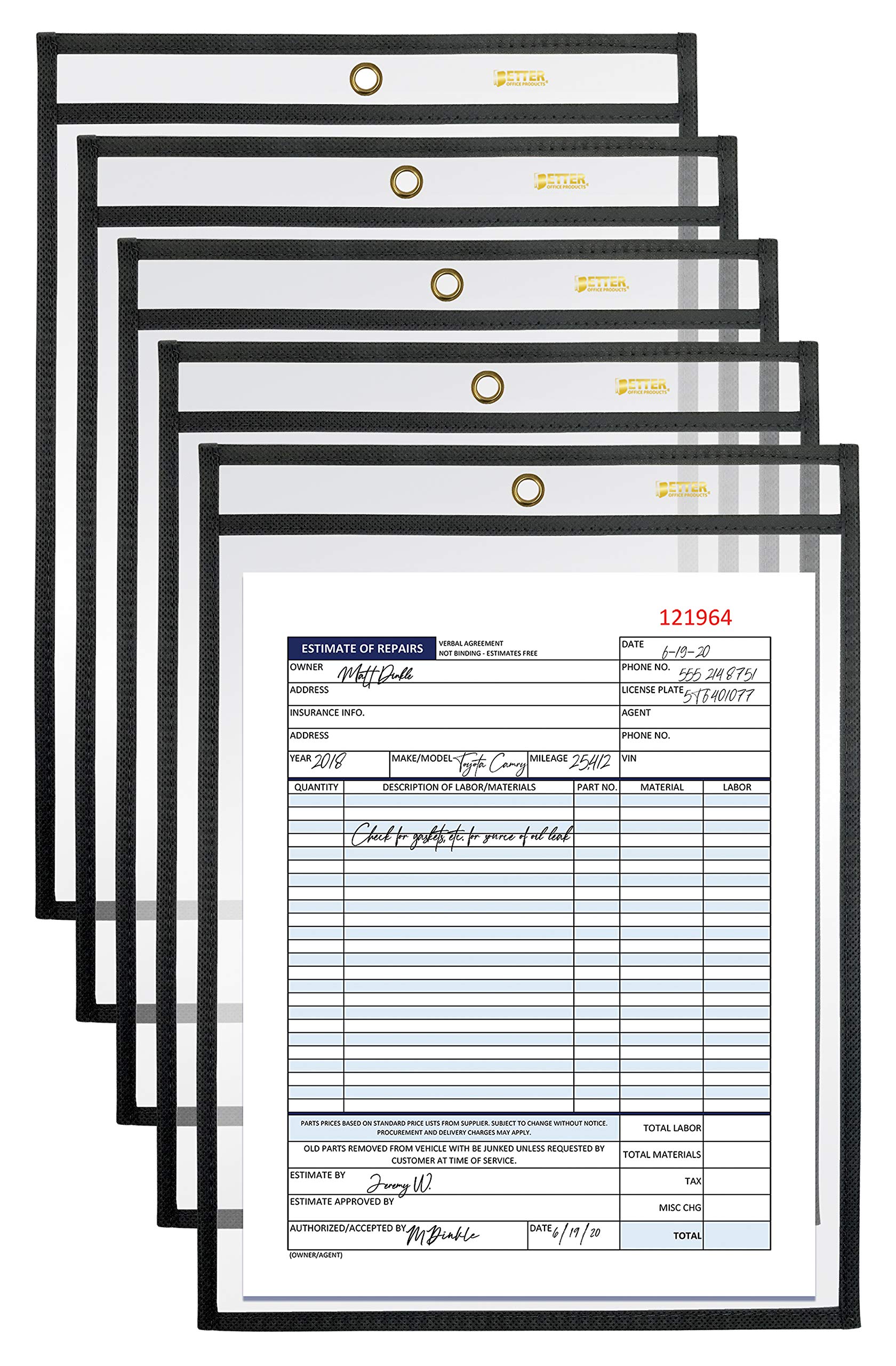 Shop Ticket Holders, 9 x 12 Inches, Both Sides Clear, Stitched Black Edge Trim, by Better Office Products, 25 Pack