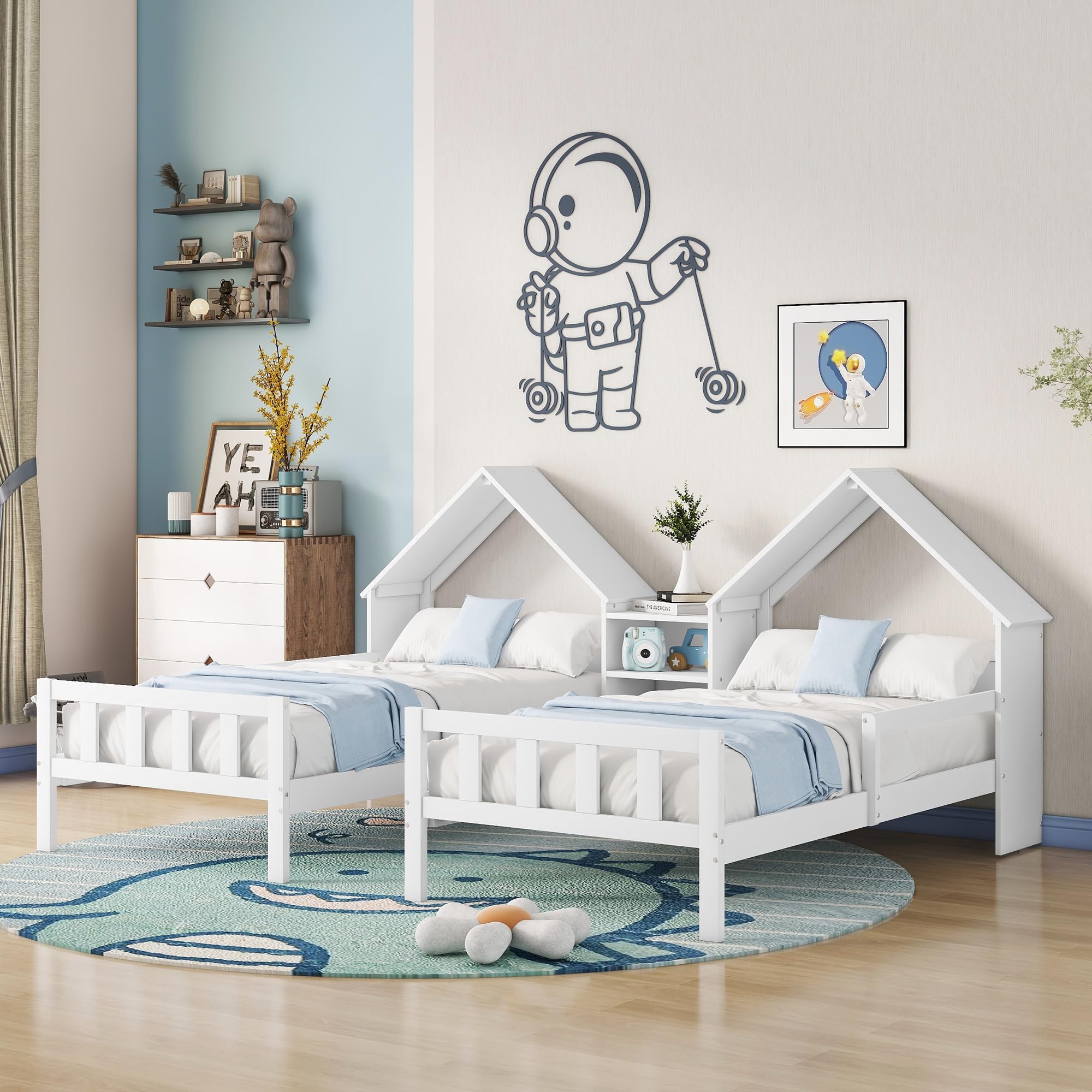 Harper & Bright Designs Double Twin Bed Frames for Kids,Wood Double Twin House Bed with House-Shaped Headboard and a Built-in Nightstand, Side by Side Montessori Twin Bed for Kids Girls Boys,White