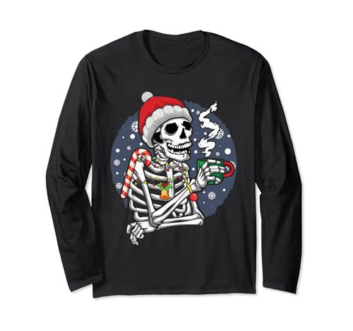 Cool Skeleton Drinking Chocolate Winter December Christmas Long Sleeve T-Shirt
