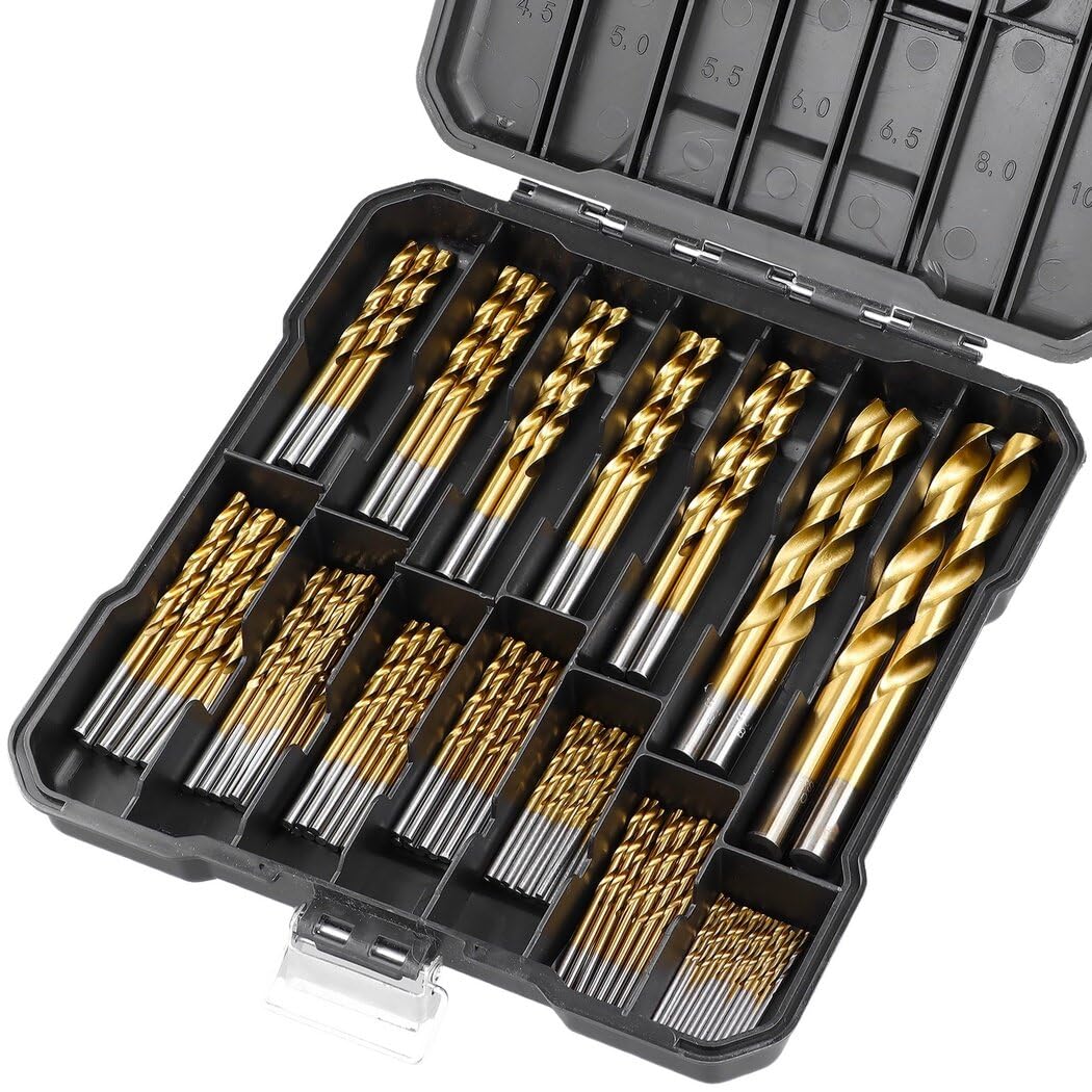 Twist Drill Bit Set, 99 Pcs Titanium-Coated Twist Drill Bits in 14 Sizes 0.06’’-0.39’’D, Heavy-Duty HSS Drill Bit Kit for Aluminum, Copper, Wood, Plastic, with Storage Case