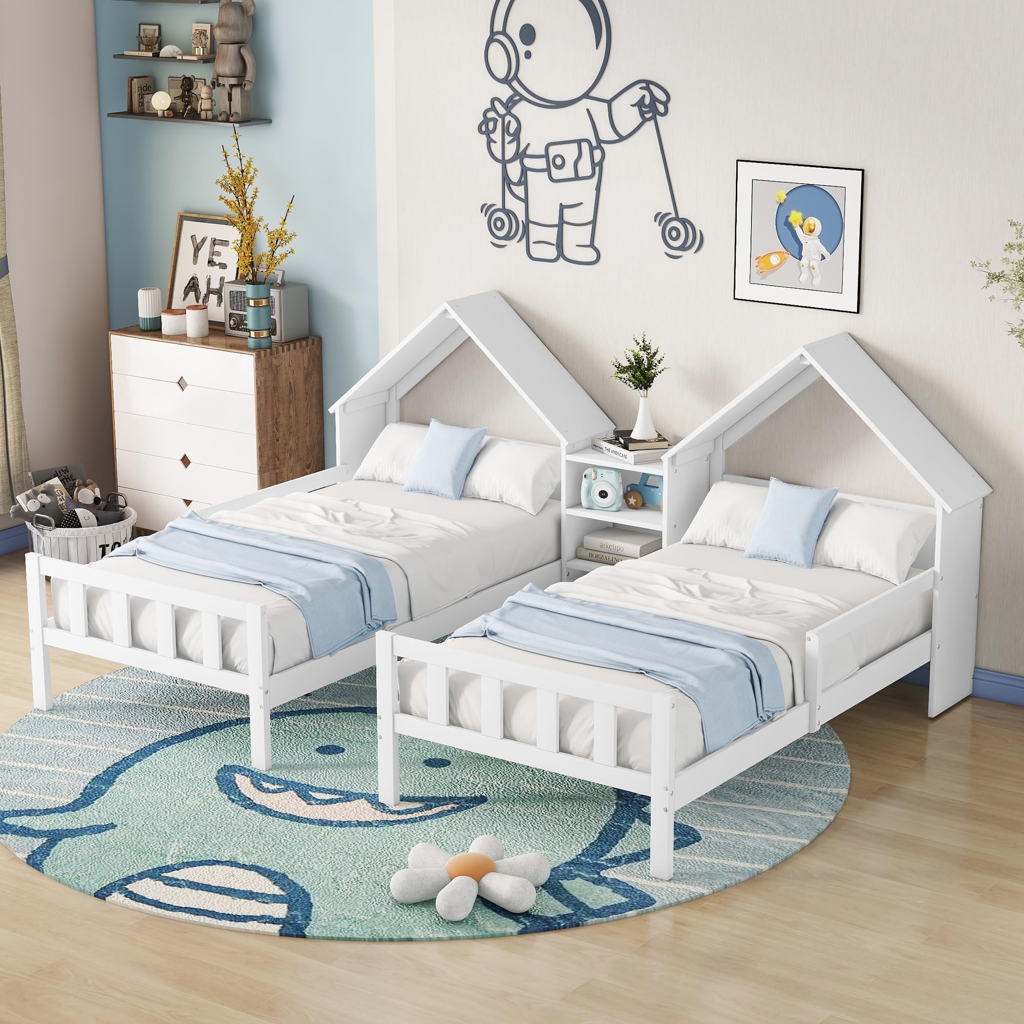 Harper & Bright Designs Double Twin Bed Frames for Kids,Wood Double Twin House Bed with House-Shaped Headboard and a Built-in Nightstand, Side by Side Montessori Twin Bed for Kids Girls Boys,White