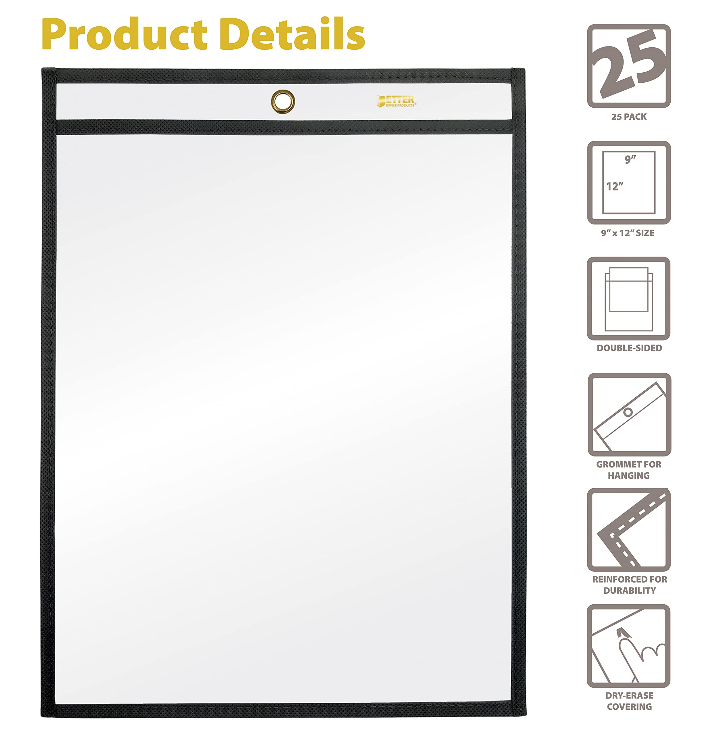 Shop Ticket Holders, 9 x 12 Inches, Both Sides Clear, Stitched Black Edge Trim, by Better Office Products, 25 Pack