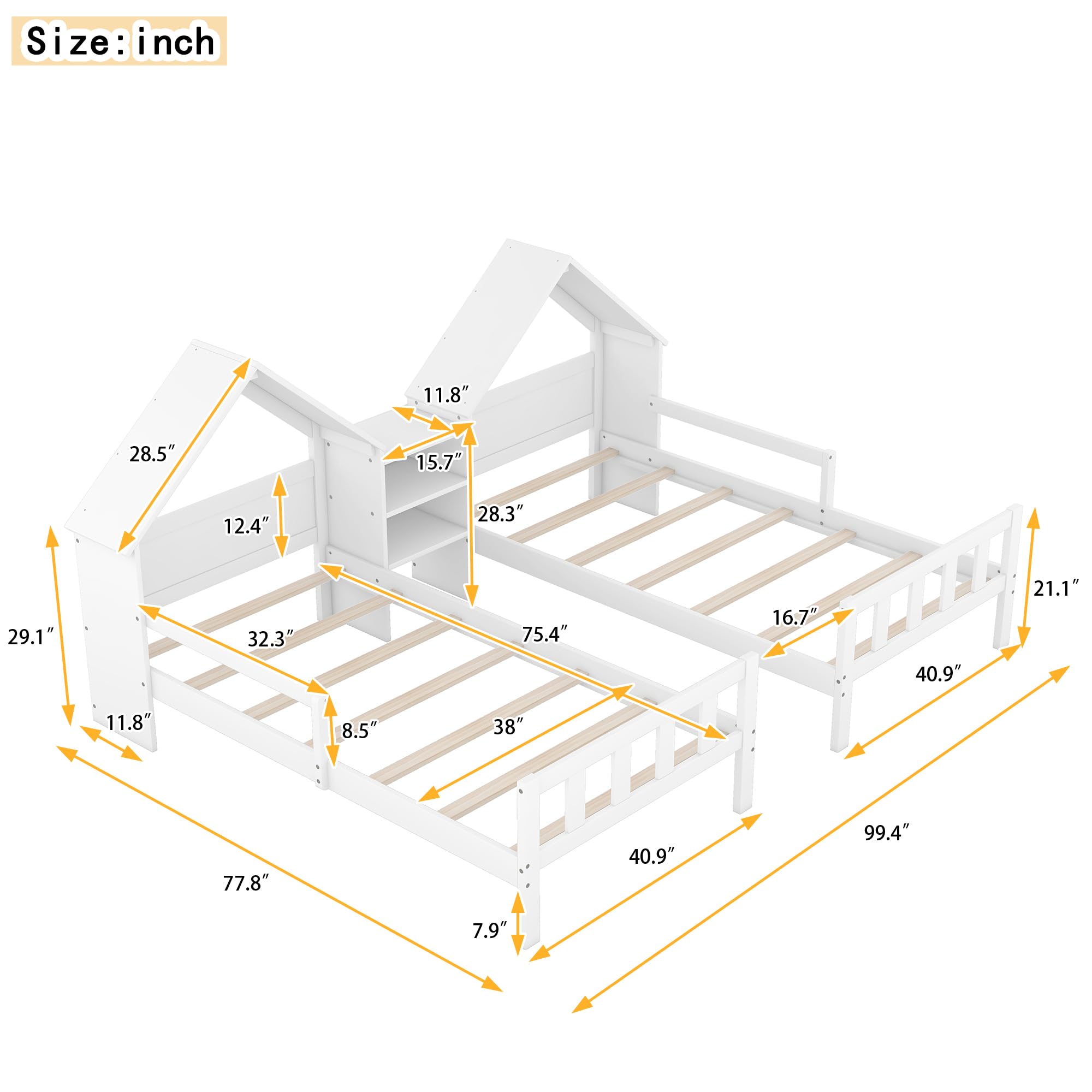 Harper & Bright Designs Double Twin Bed Frames for Kids,Wood Double Twin House Bed with House-Shaped Headboard and a Built-in Nightstand, Side by Side Montessori Twin Bed for Kids Girls Boys,White