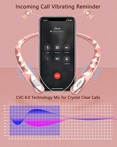 Yooken Bluetooth Headphones, Neckband Bluetooth Headset with Retractable Earbuds, CVC 8.0 Noise Cancelling Stereo Wireless Headphones with Mic for Running, Office Home, Video Conference (Rose)