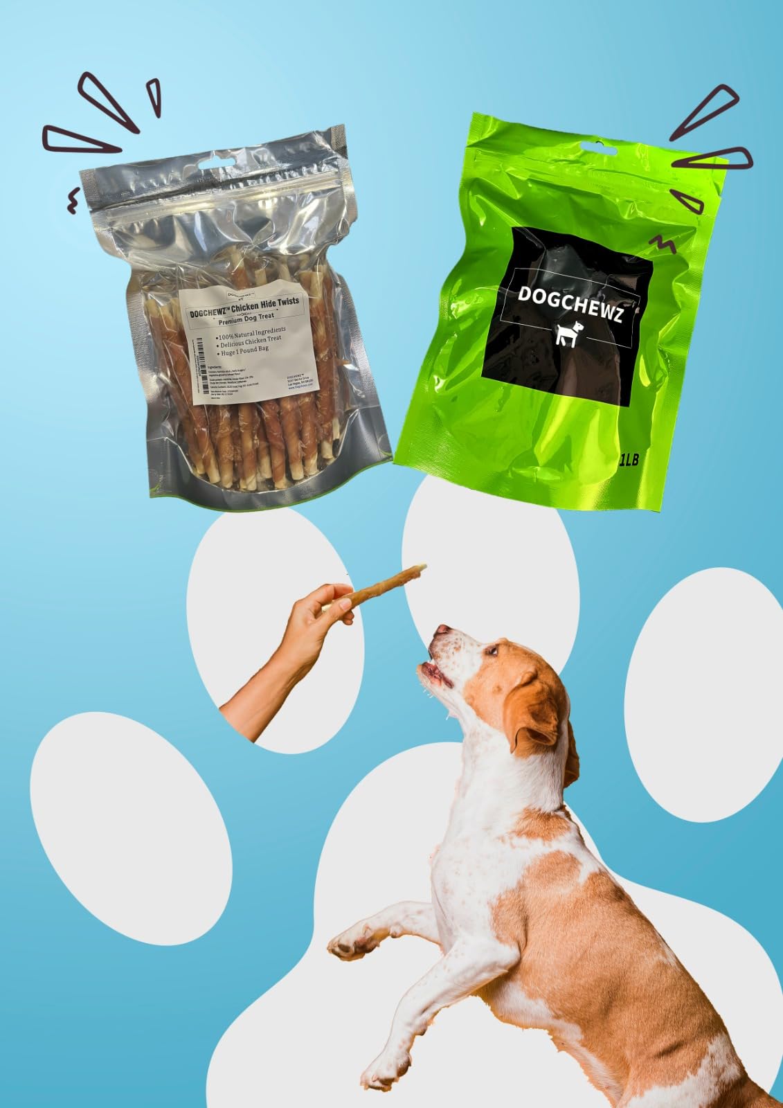 DOGCHEWZ™ Premium Chicken Wrapped Rawhide Twists for Dogs - Size 1 LB Bag (45-50 Pieces) - All Natural Human Grade Dog Chew - No Artificial Flavors or Preservatives, Whole Dehydrated Chicken