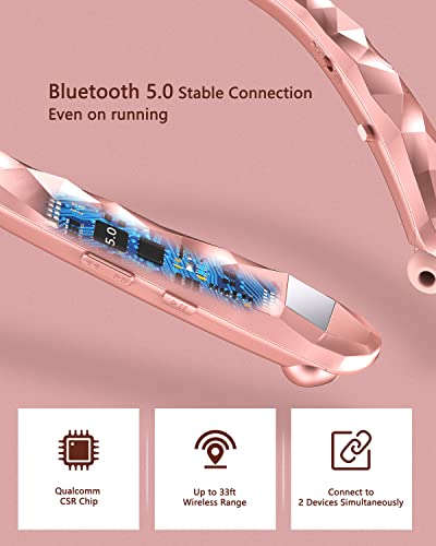Yooken Bluetooth Headphones, Neckband Bluetooth Headset with Retractable Earbuds, CVC 8.0 Noise Cancelling Stereo Wireless Headphones with Mic for Running, Office Home, Video Conference (Rose)