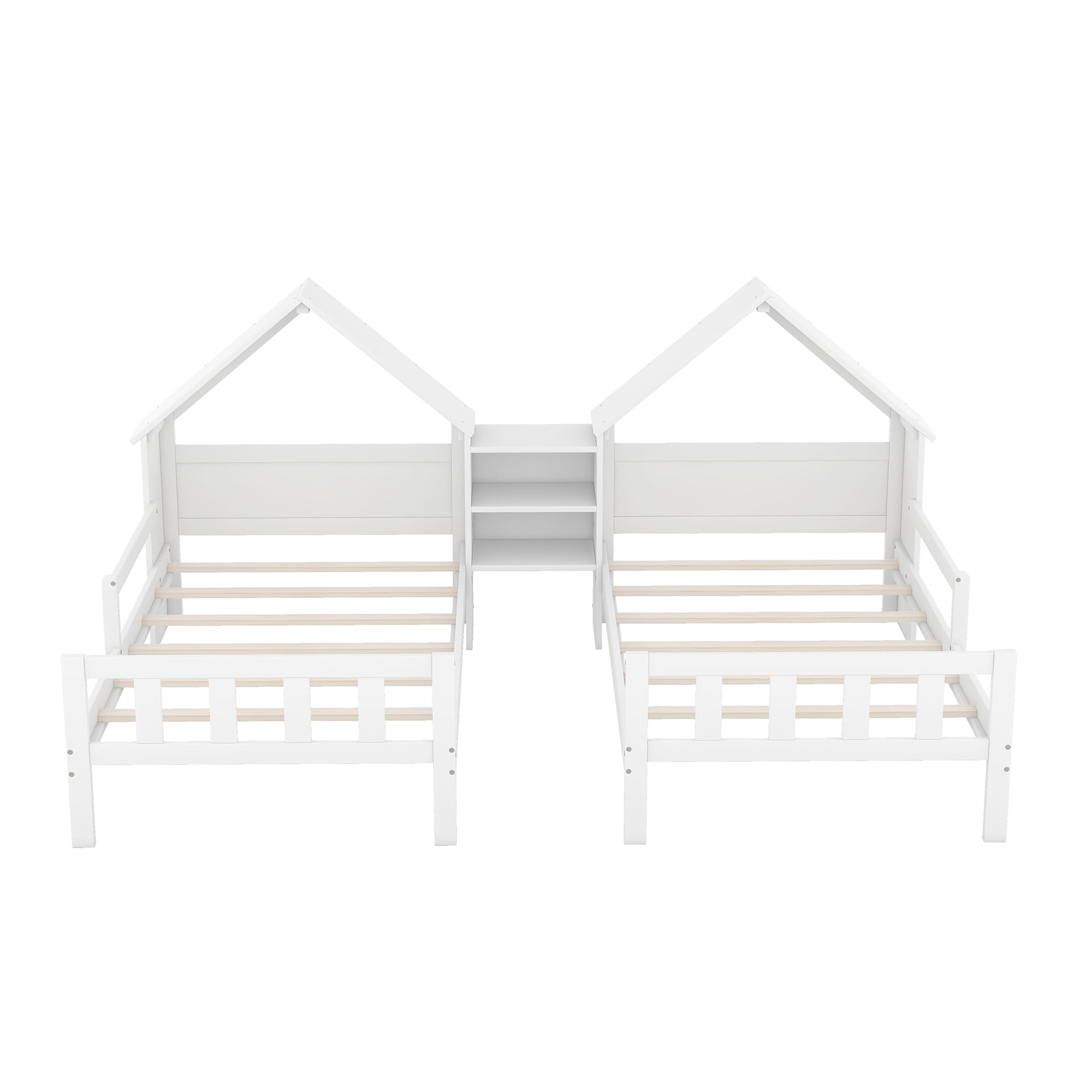 Harper & Bright Designs Double Twin Bed Frames for Kids,Wood Double Twin House Bed with House-Shaped Headboard and a Built-in Nightstand, Side by Side Montessori Twin Bed for Kids Girls Boys,White