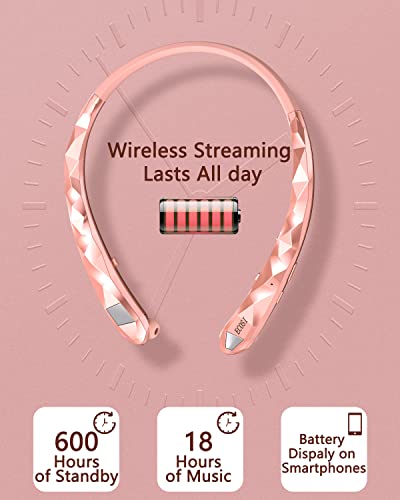 Yooken Bluetooth Headphones, Neckband Bluetooth Headset with Retractable Earbuds, CVC 8.0 Noise Cancelling Stereo Wireless Headphones with Mic for Running, Office Home, Video Conference (Rose)