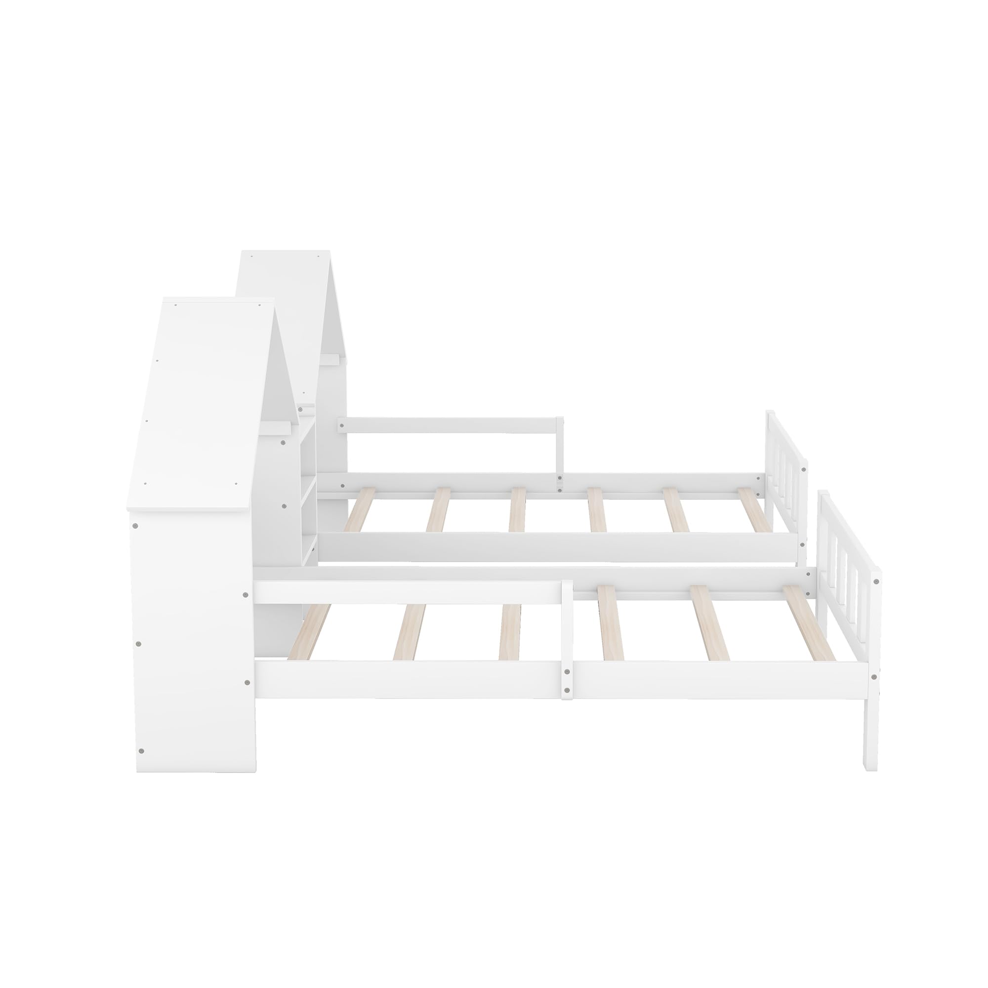 Harper & Bright Designs Double Twin Bed Frames for Kids,Wood Double Twin House Bed with House-Shaped Headboard and a Built-in Nightstand, Side by Side Montessori Twin Bed for Kids Girls Boys,White