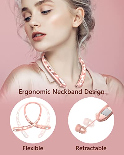Yooken Bluetooth Headphones, Neckband Bluetooth Headset with Retractable Earbuds, CVC 8.0 Noise Cancelling Stereo Wireless Headphones with Mic for Running, Office Home, Video Conference (Rose)